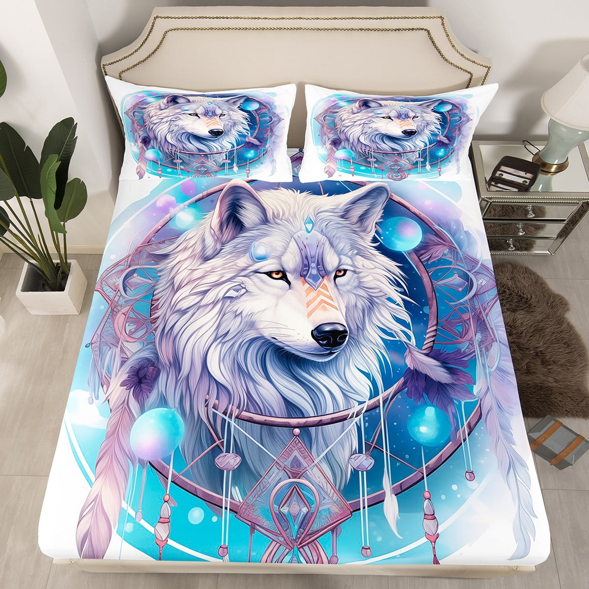 Dreamcatcher Wolf Fitted Sheet Queen Boho Chic Feather Bedding Set ...