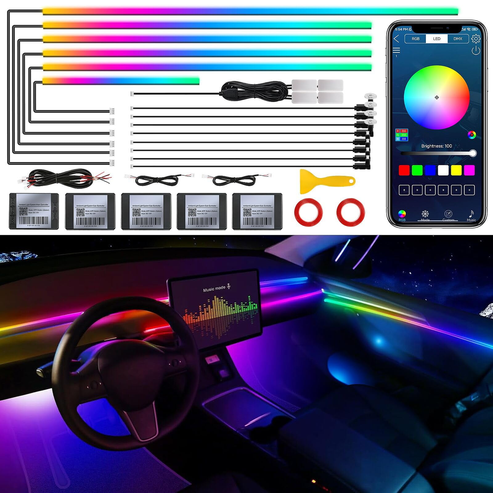 Dreamcolor Acrylic Interior Car LED Strip Light with Wireless APP, RGB ...