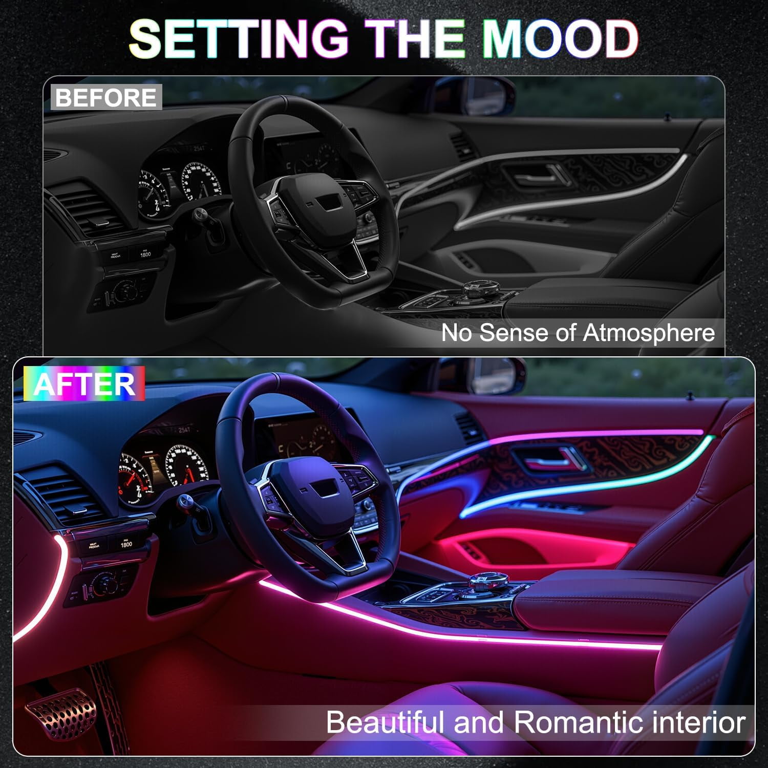 Dreamcolor Acrylic Interior Car LED Strip Lights, 18 in 1 Ambient Lighting Kit with Wireless APP ...