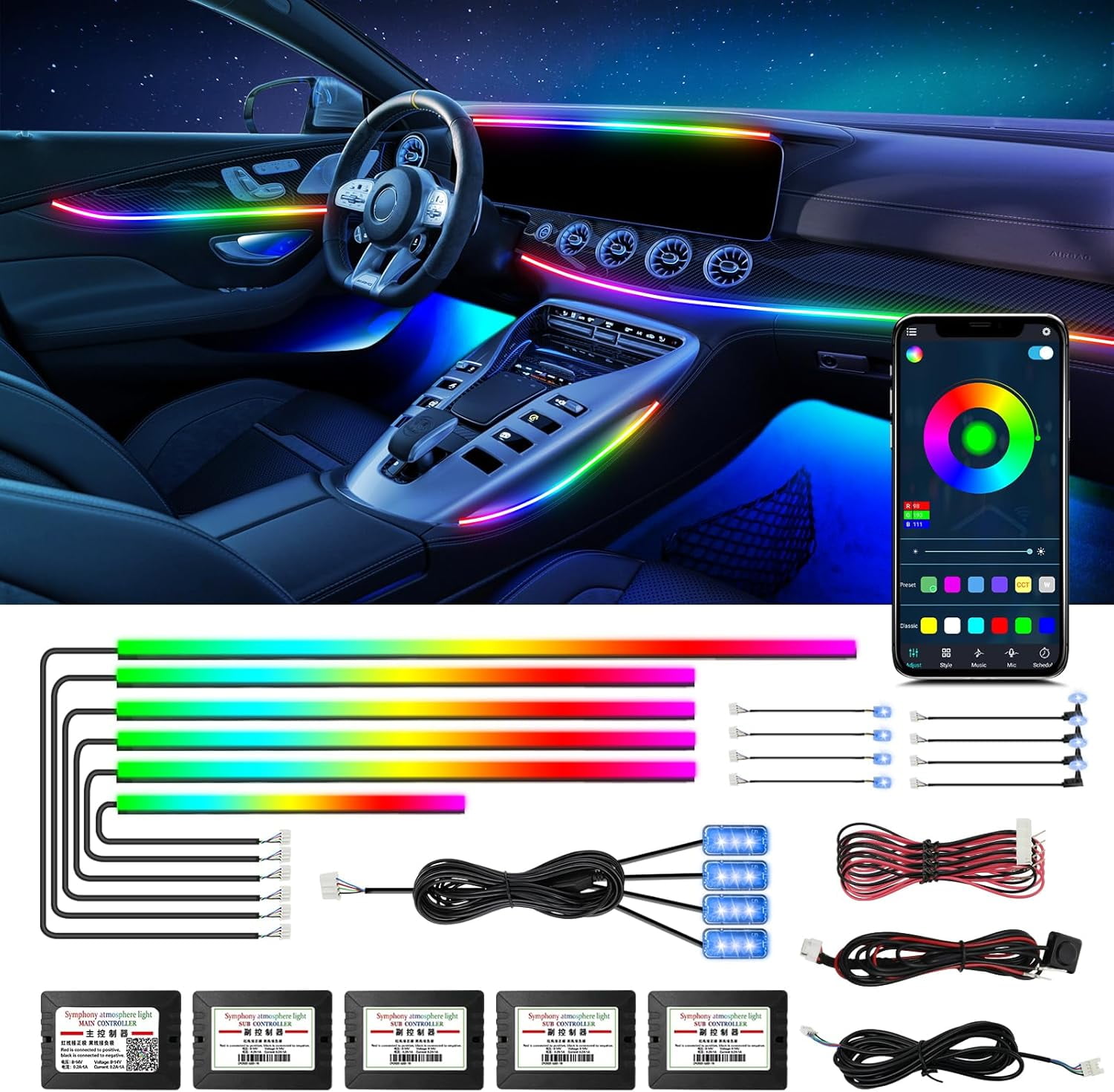 Dreamcolor Acrylic Interior Car Lights, 6 in 1 Car LED Strip Lights ...