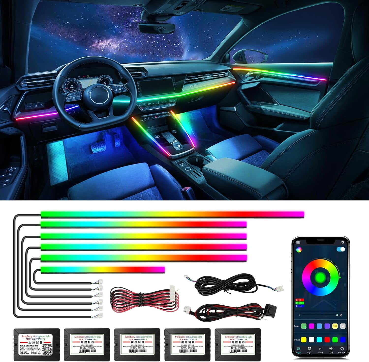 Dreamcolor Acrylic Interior Car Lights, 6 in 1 Car LED Strip Lights ...