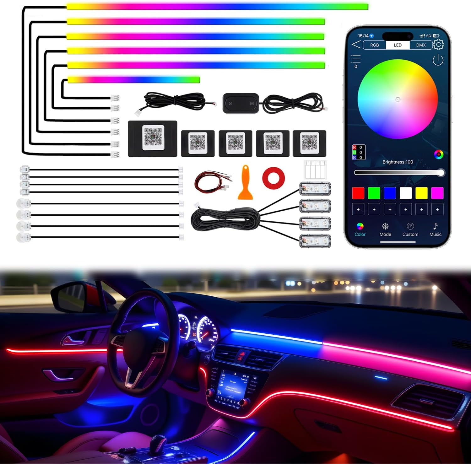 Dreamcolor Interior Strip Lights, 18 in 1 Ambient Lighting Kit with APP ...