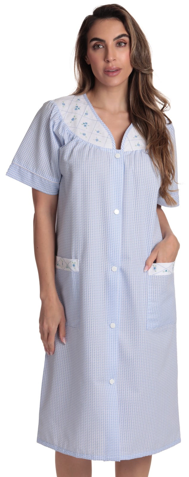 Dreamcrest Short Sleeve Button Front Duster 8518-COR-L (Blue, 2X ...
