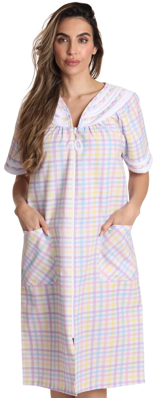 Dreamcrest Short Sleeve Zipper Front Duster 8513-2-1X (Plaid 1 - Multi ...