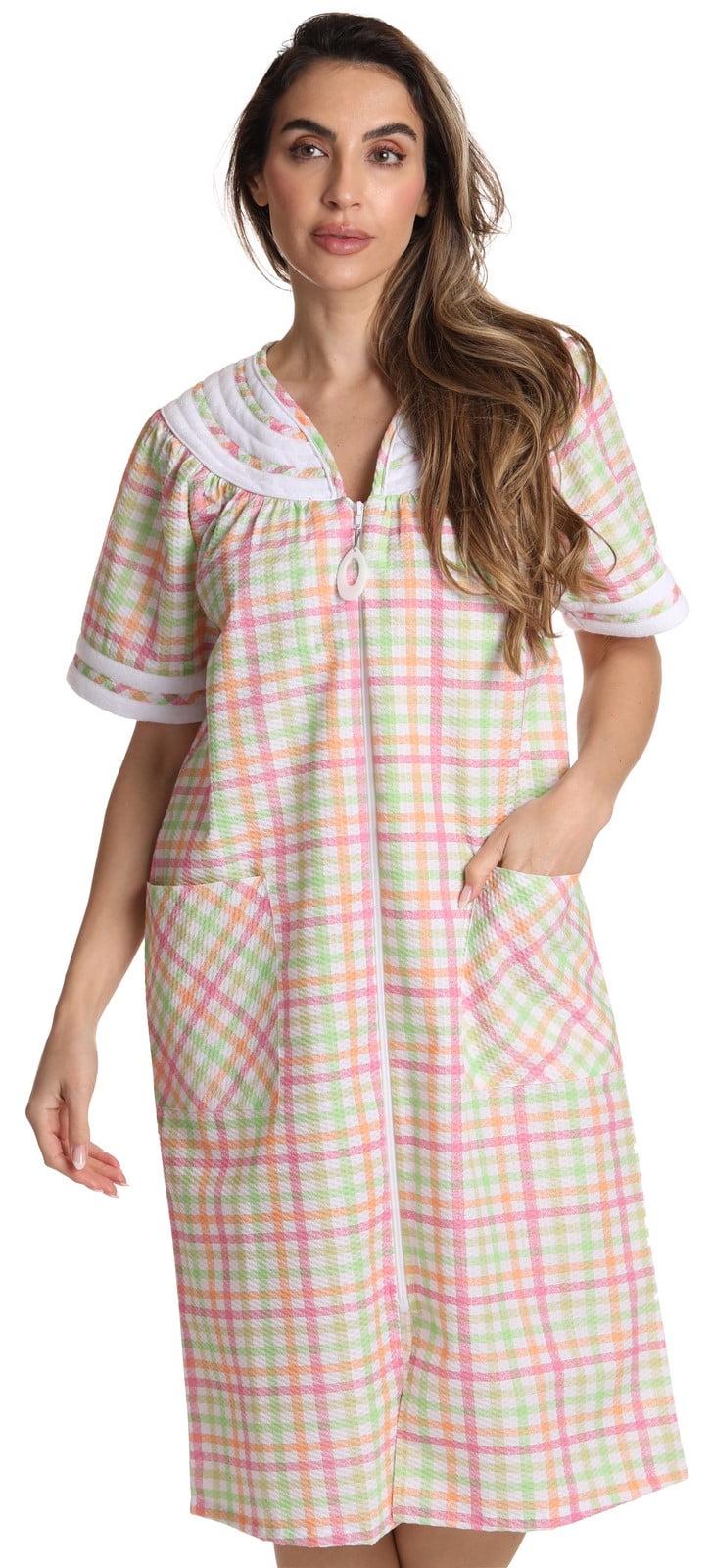 Dreamcrest Short Sleeve Zipper Front Duster 8513-2-1X (Plaid 2 - Yellow ...