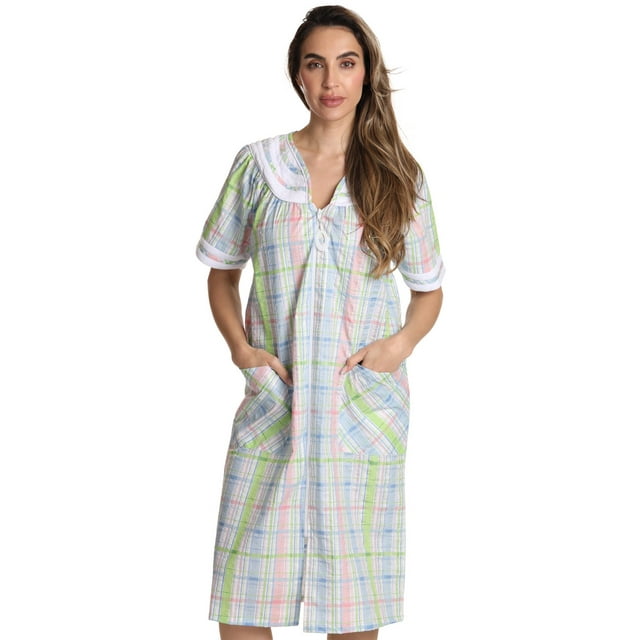 Dreamcrest Short Sleeve Zipper Front Duster 8513-2-1X (Plaid 3 - Blue ...