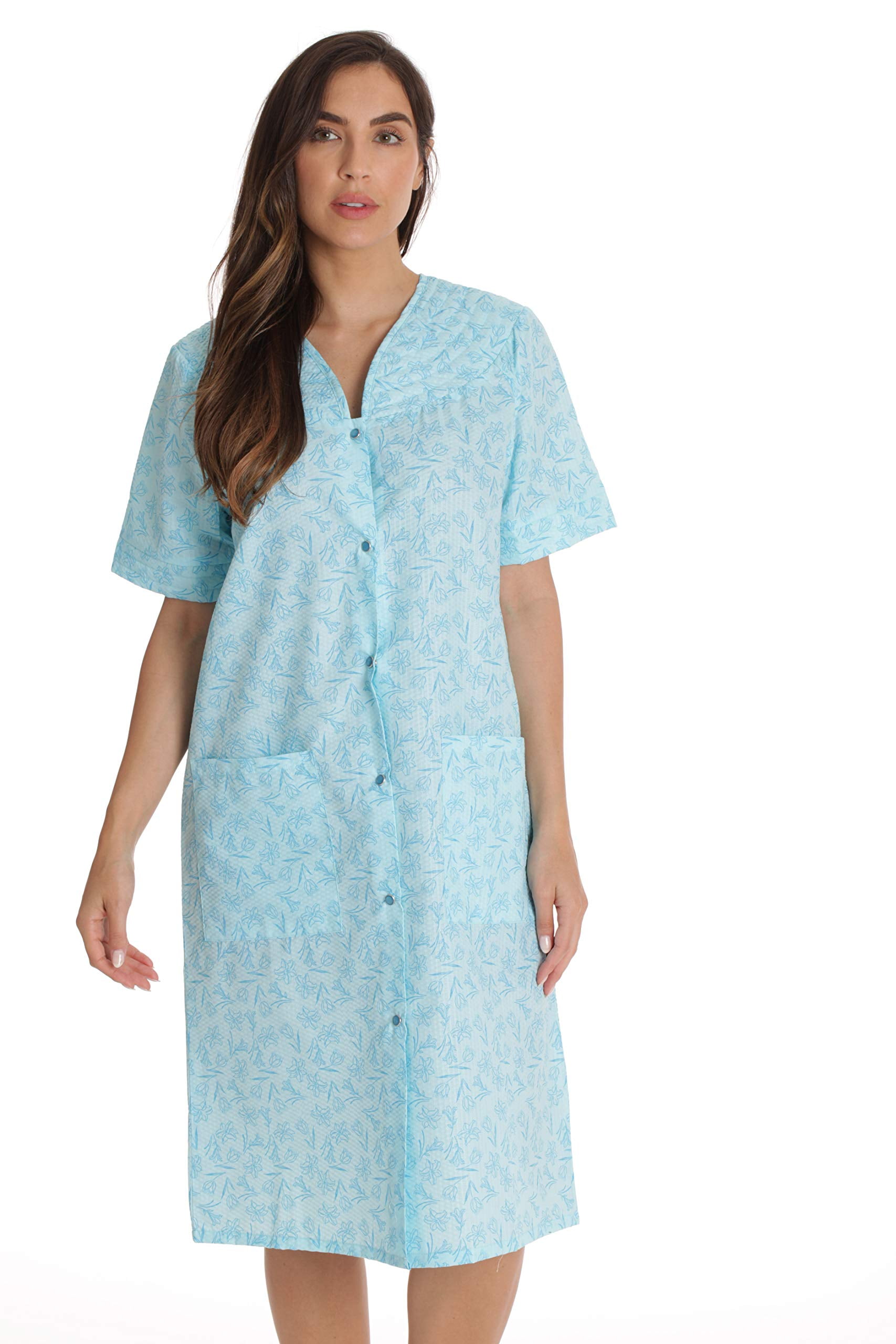 Dreamcrest Women's Cotton Seersucker Housecoat, Aqua Tulips, Medium ...