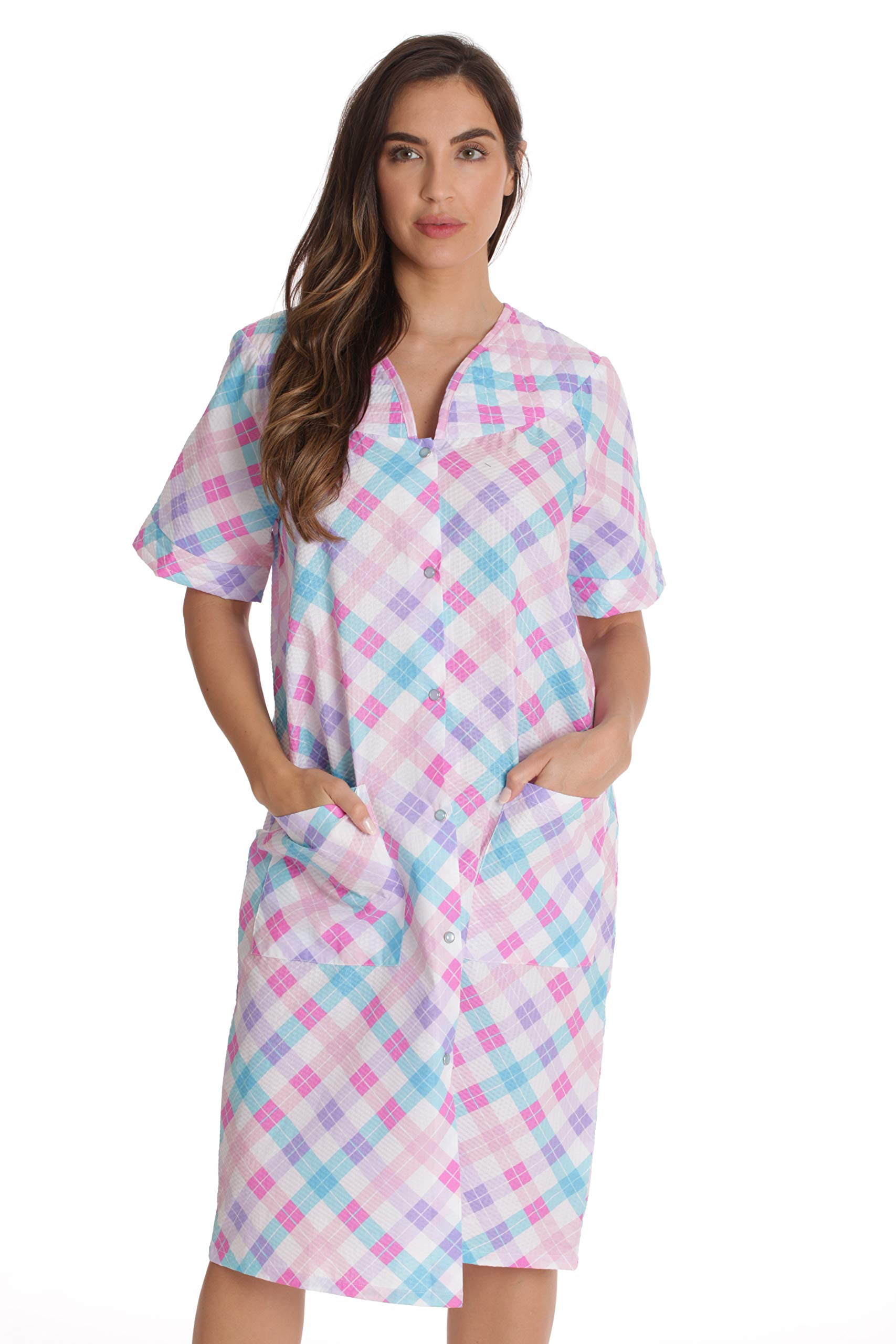 Dreamcrest Women's Seersucker Housecoat Duster, Short Sleeve Snap-Front ...