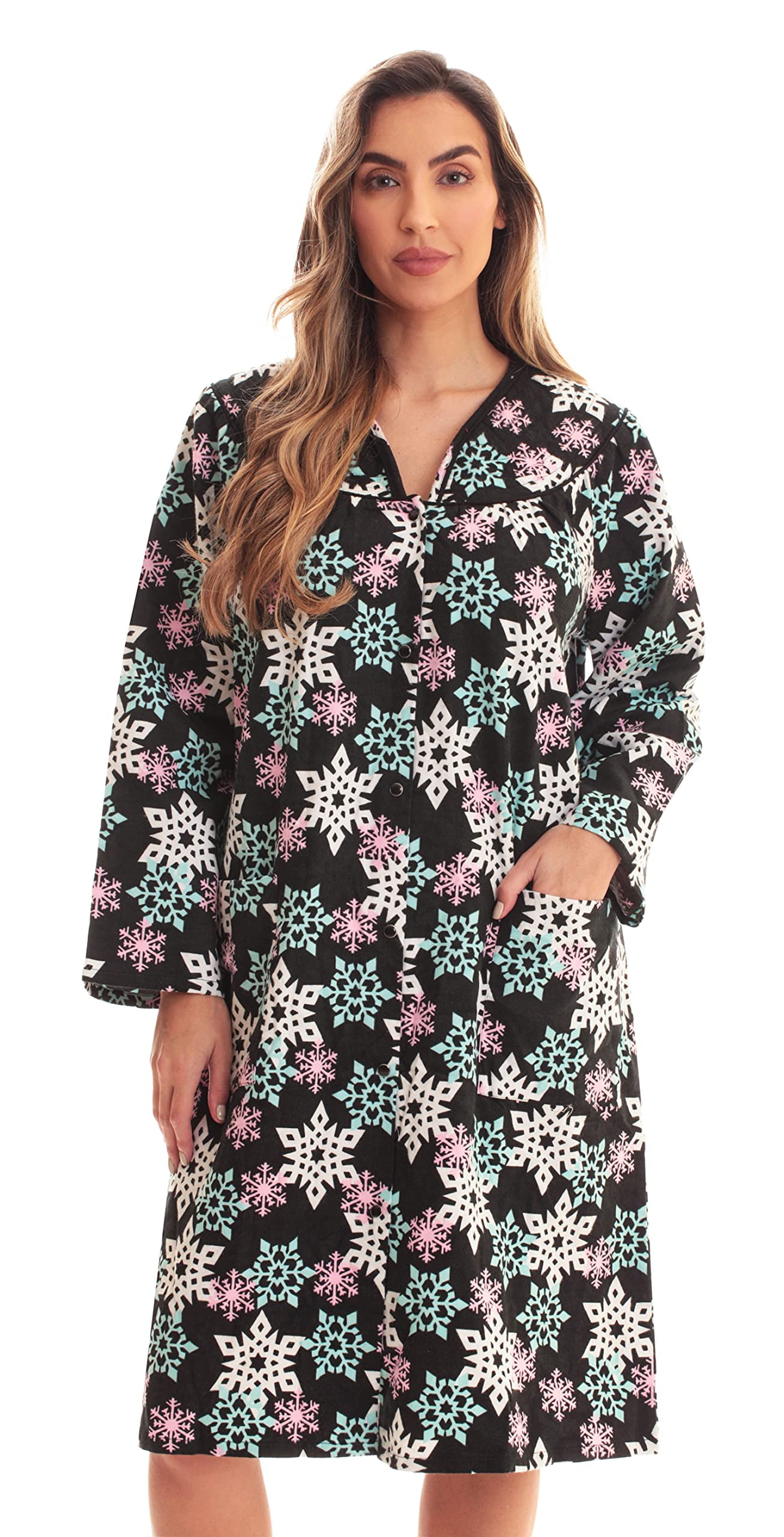 Dreamcrest Women’s Cotton Flannel Snap-Front House Coat Duster Robe ...