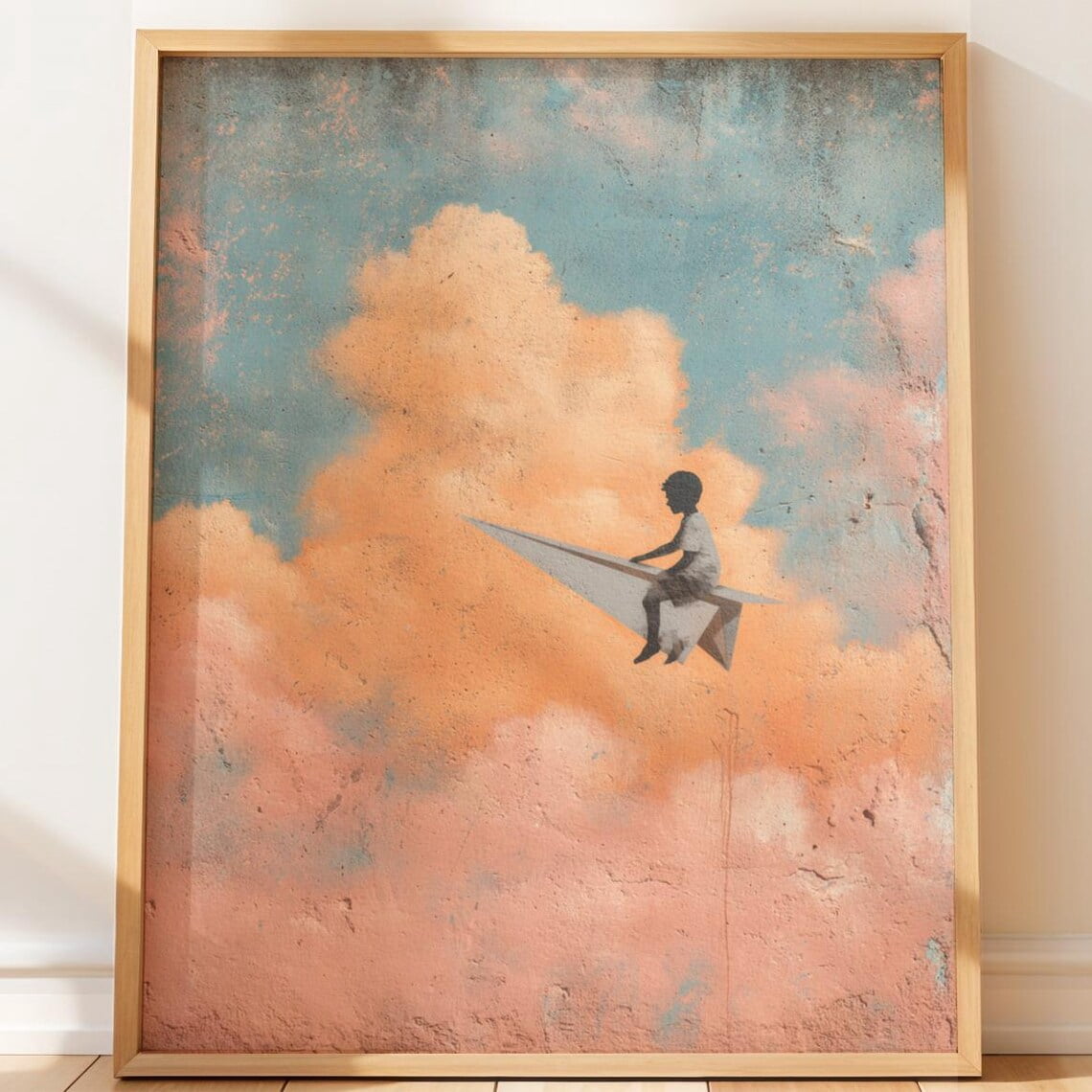 Dreamer Kids Room Boy on Paper Plane Street Art Mural Unframed Paper ...