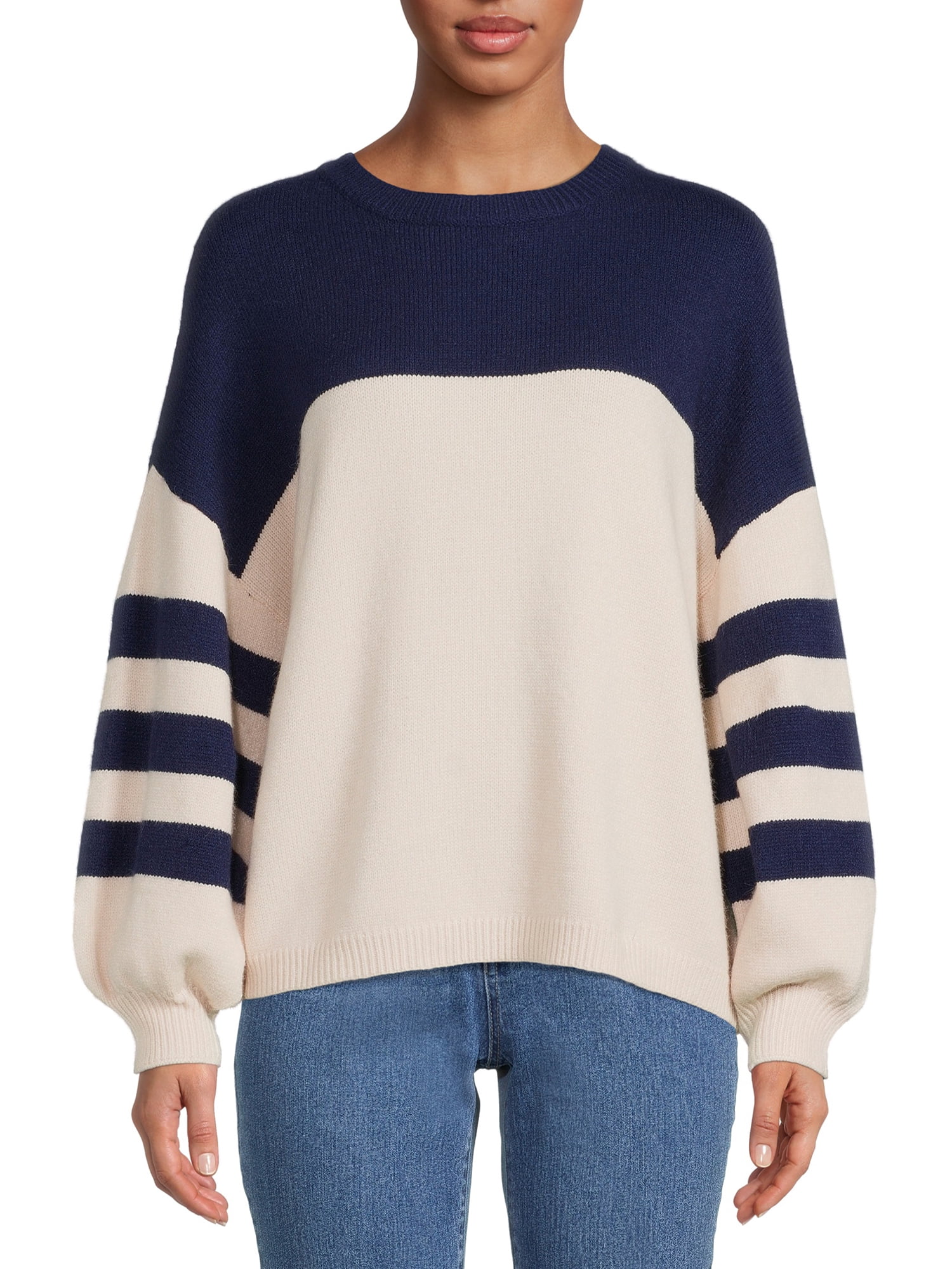 Dreamers by Debut Womens Striped Long Sleeve Pullover Sweater with Puff ...