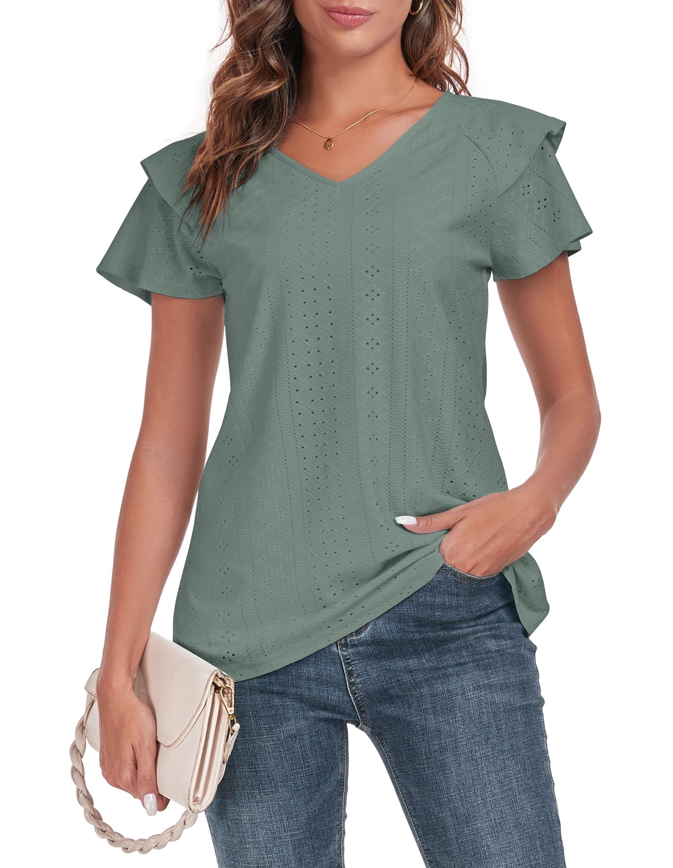 Dreamfish Women's Summer Tops V Neck T Shirt Ruffle Short Sleeve Eyelet Top Casual Eyelet Blouse ...
