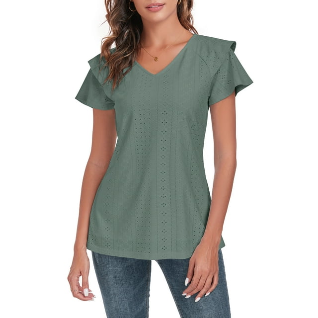 Dreamfish Women's Summer Tops V Neck T Shirt Ruffle Short Sleeve Eyelet Top Casual Eyelet Blouse ...