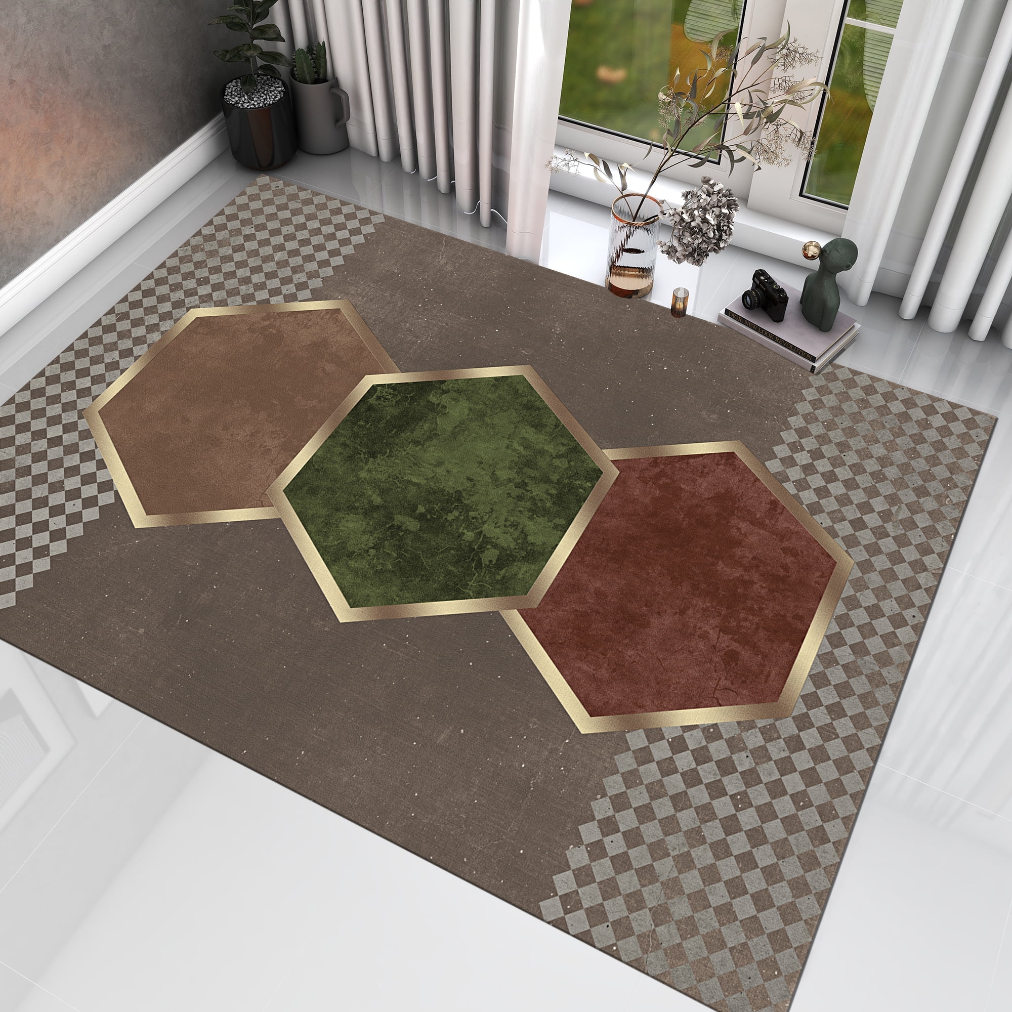Dreammotif Brown Hexagon Pattern Modern Area Rug for Living Room - 4 x ...