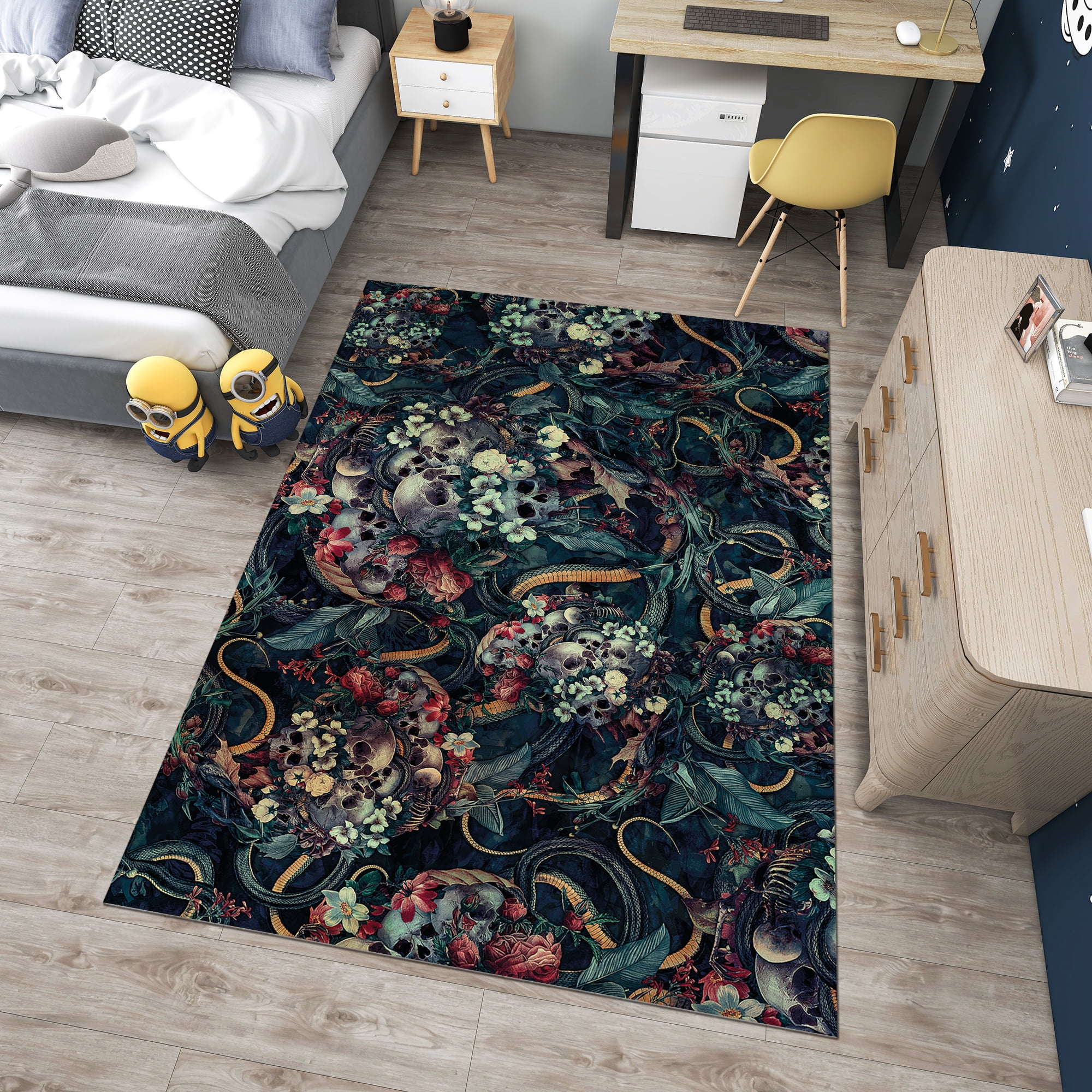 Dreammotif Flowers Skull Rug, Modern Area Rug, Colorful Bedroom Decor ...