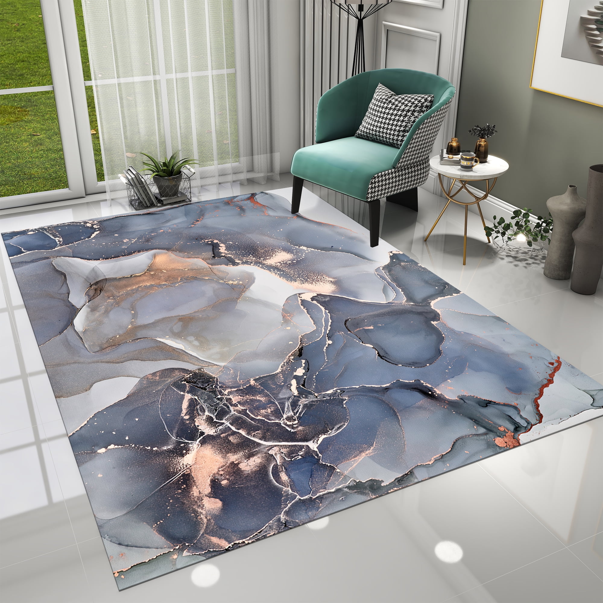 Dreammotif Light Blue Marble Pattern Modern Area Rug for Living Room ...