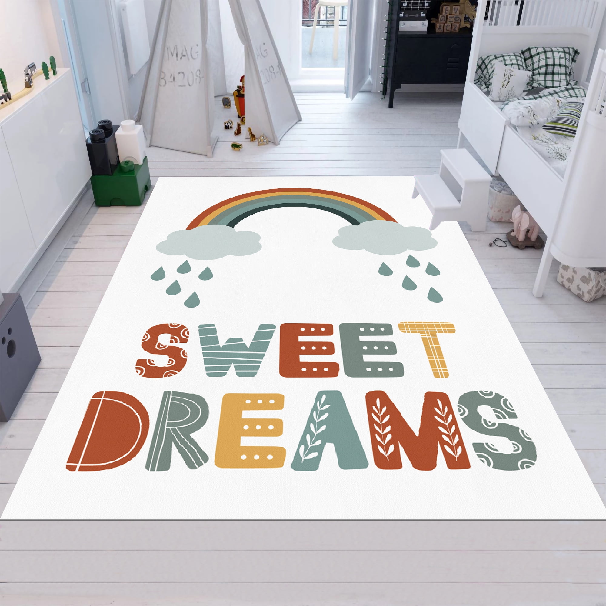 Dreammotif Sweet Dreams Rainbow Kids Rug, Personalised Soft Nursery ...
