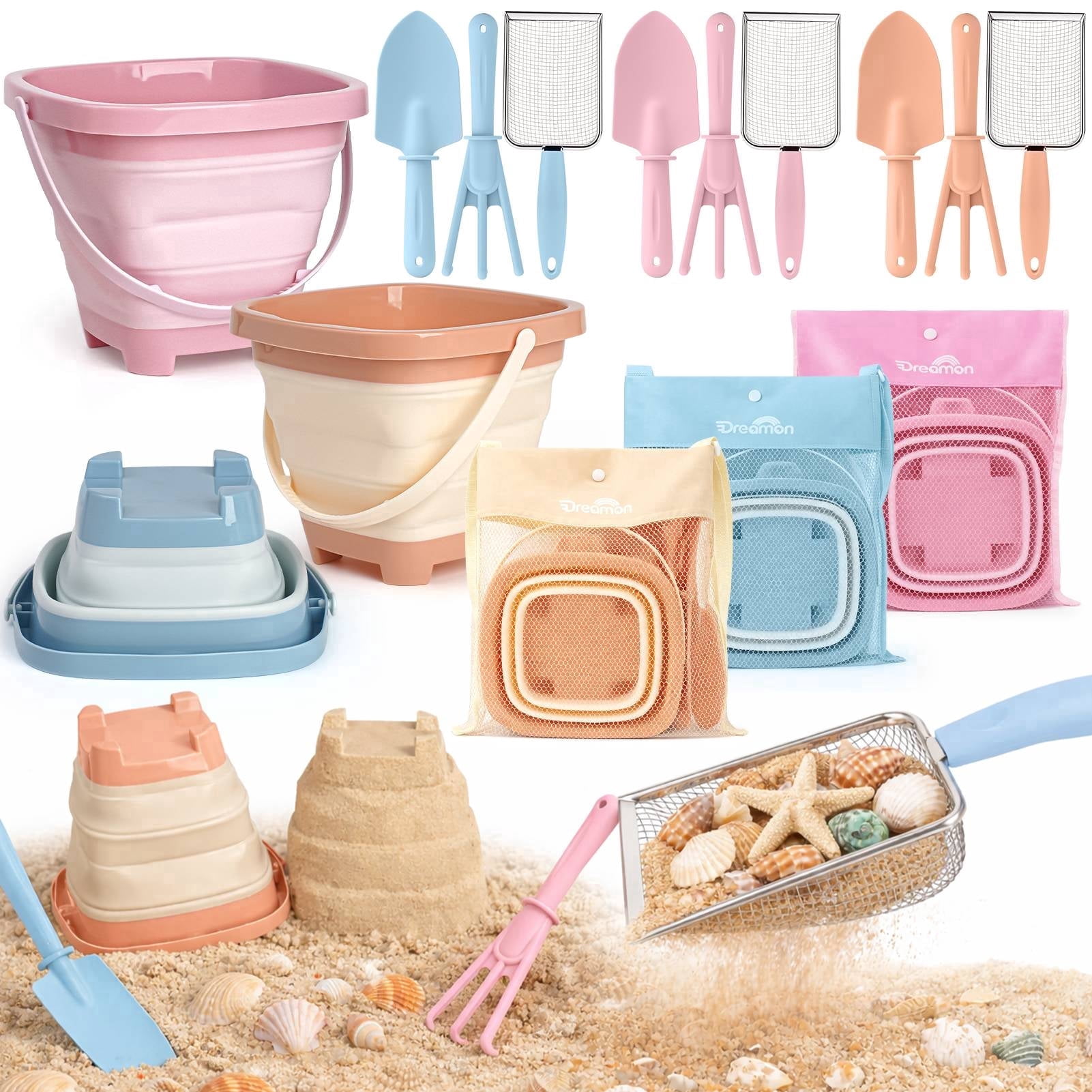 Dreamon Kids 15-Piece Collapsible Sand Bucket Set with Filtering Shovel ...