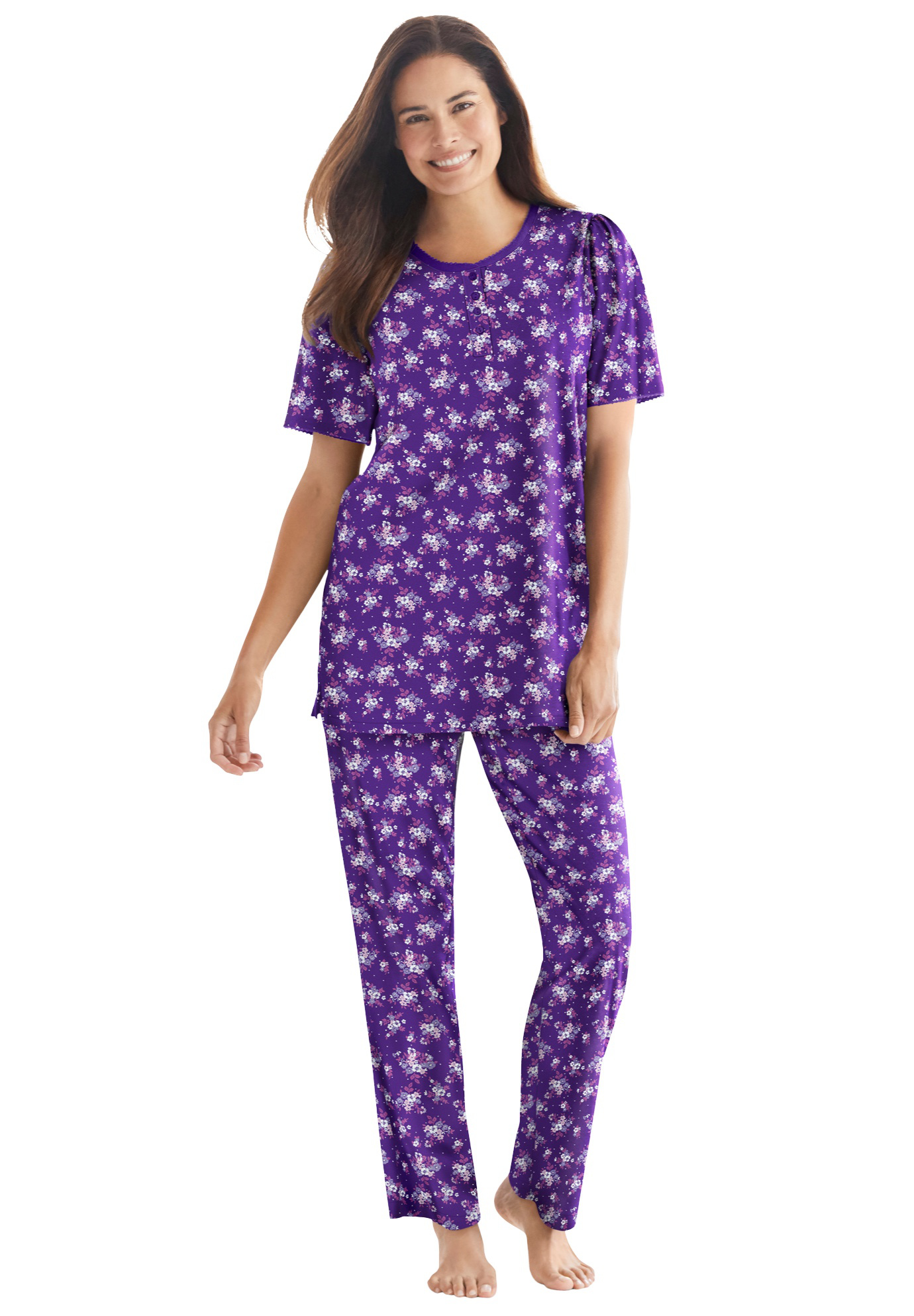 Dreams & Co. Women's Plus Size Floral Henley PJ Set - Walmart.com