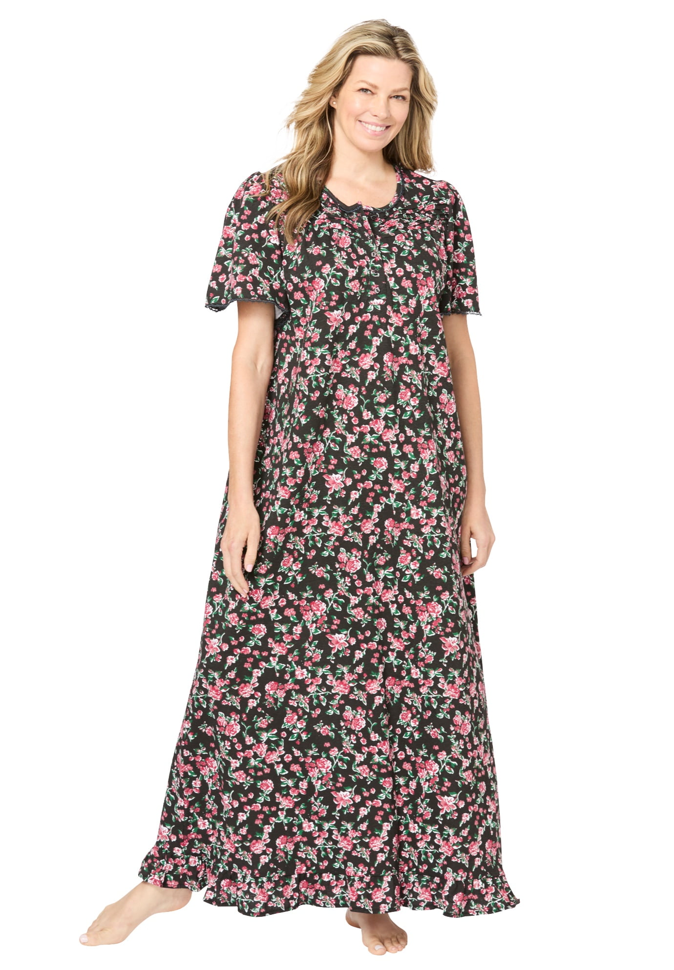 Dreams & Co. Plus Size Long Floral Print Cotton Gown - Walmart.com