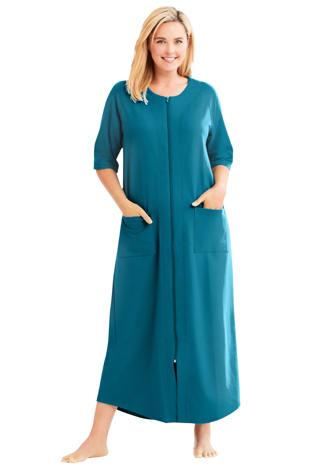 Dreams & Co. Women's Plus Size Long French Terry Zip-Front Robe (Petite ...