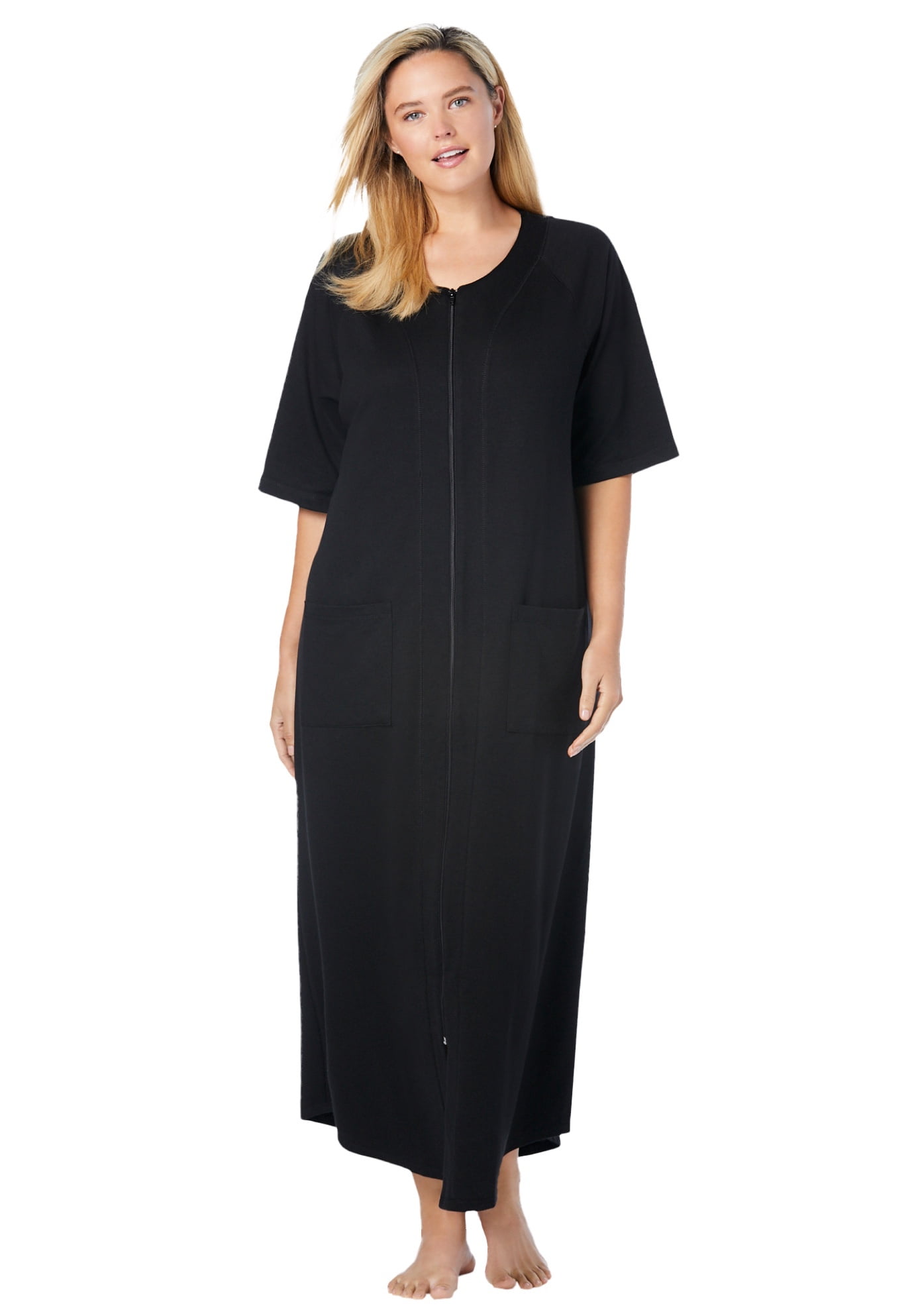 Dreams & Co. Plus Size Long French Terry Short Sleeve Zip-Front Robe ...