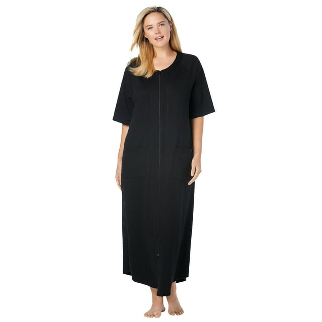 Dreams & Co. Plus Size Long French Terry Short Sleeve Zip-Front Robe ...