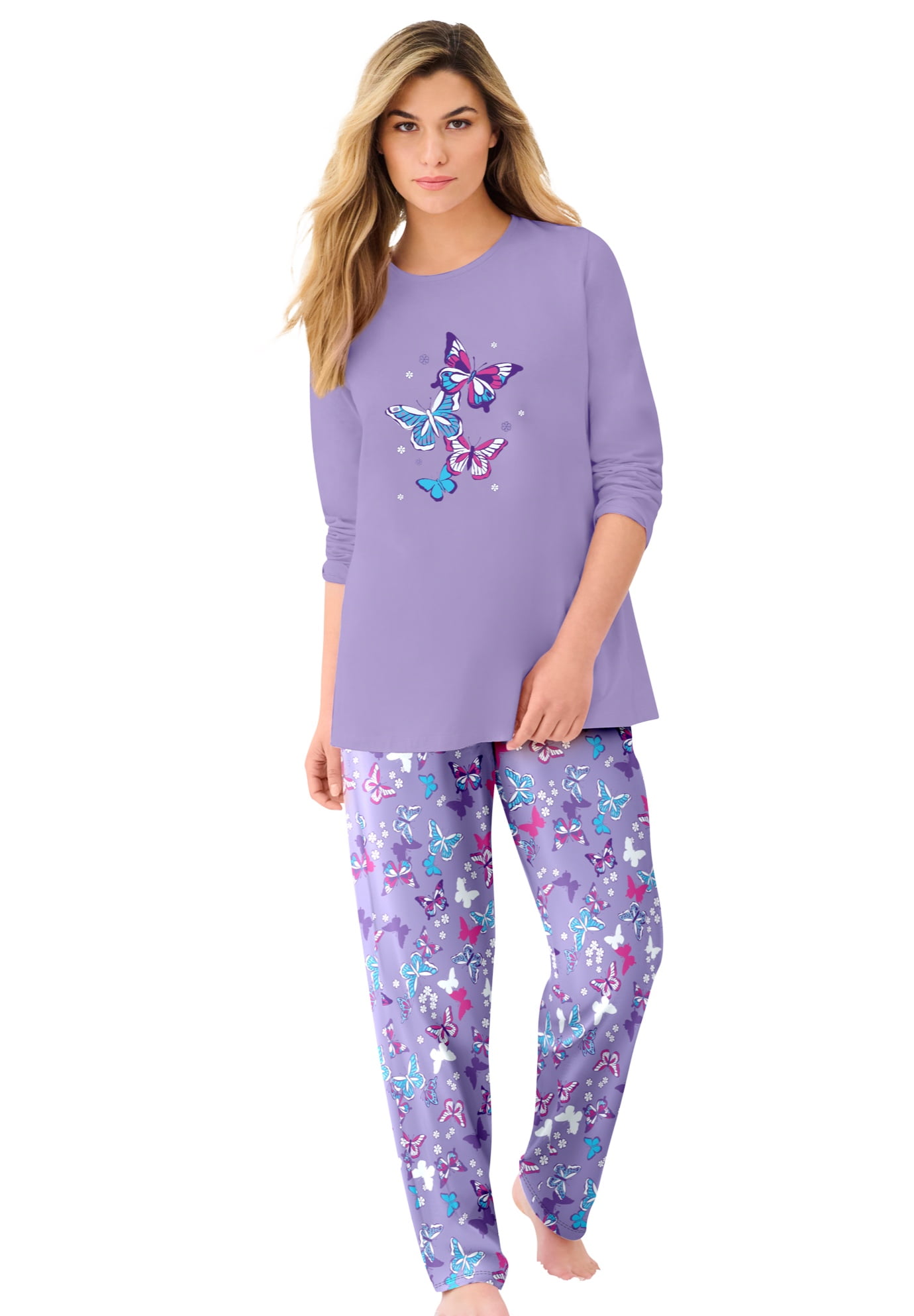 Dreams & Co. Plus Size Long Sleeve Knit PJ Set - Walmart.com