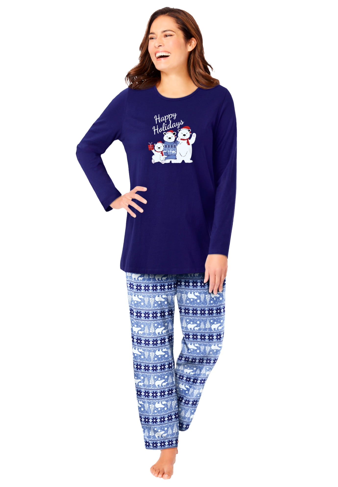Dreams & Co. Plus Size Long Sleeve Knit PJ Set - Walmart.com