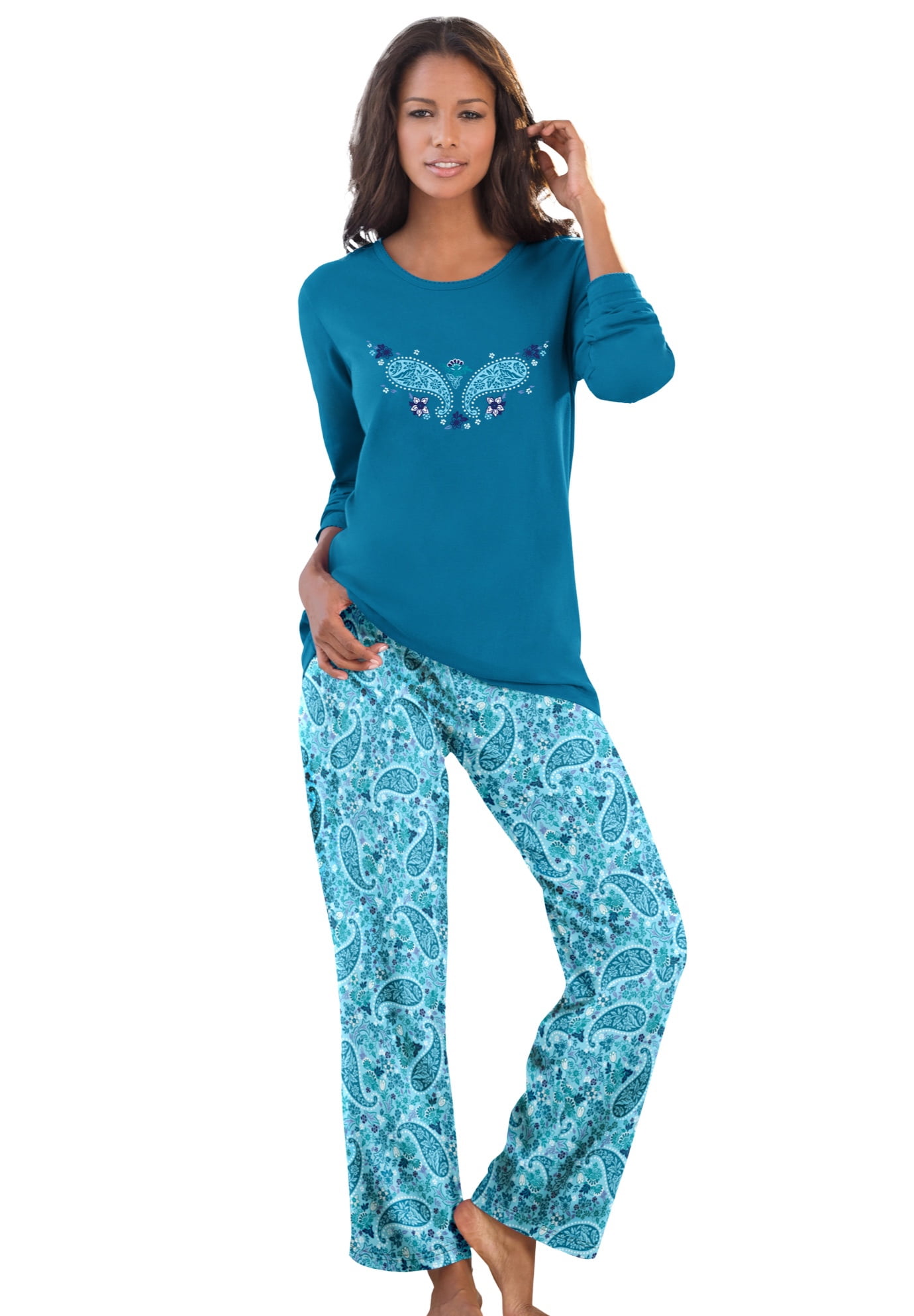 Dreams & Co. Plus Size Petite Long Sleeve Knit PJ Set - Walmart.com