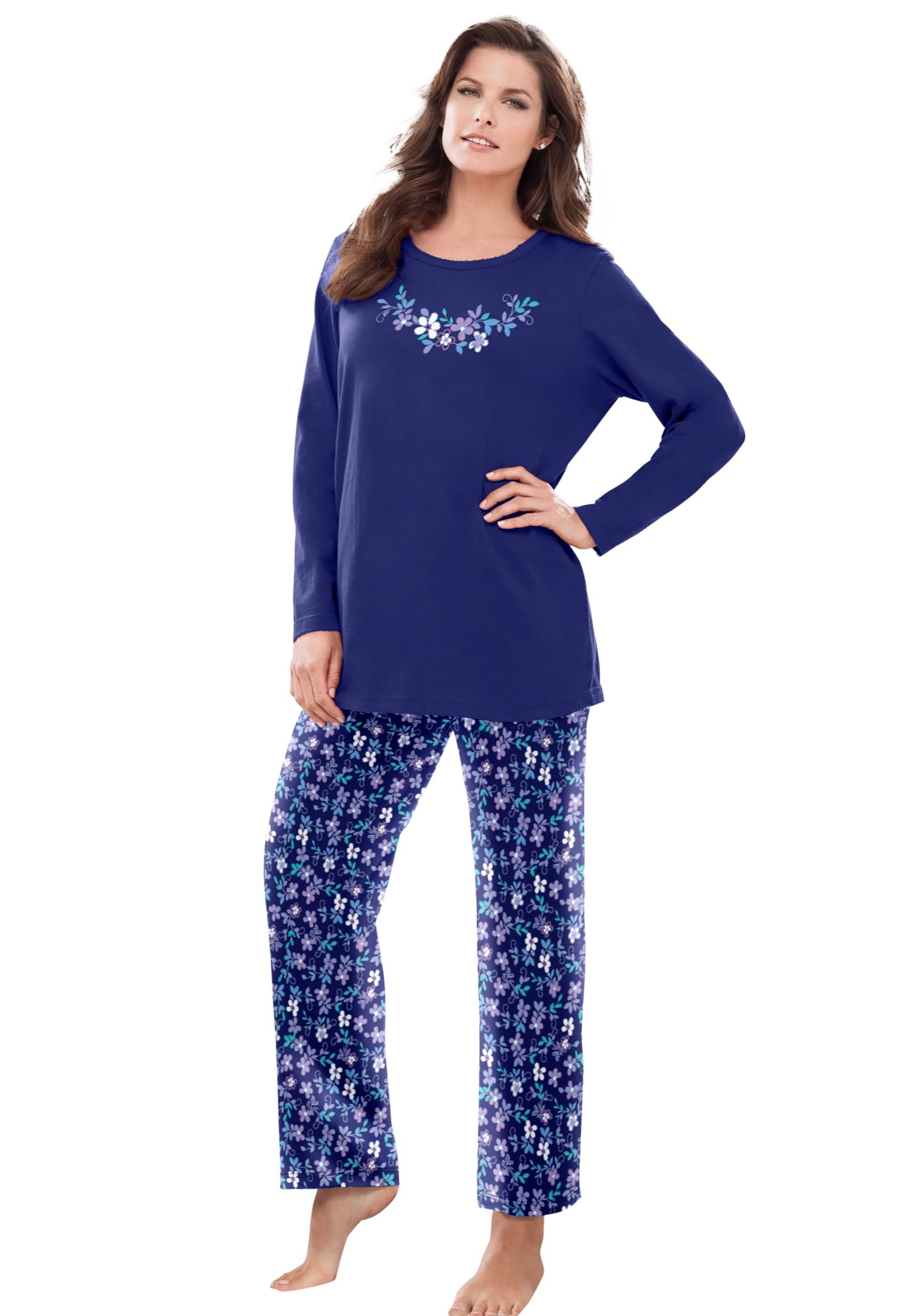 Dreams & Co. Plus Size Petite Long Sleeve Knit PJ Set - Walmart.com