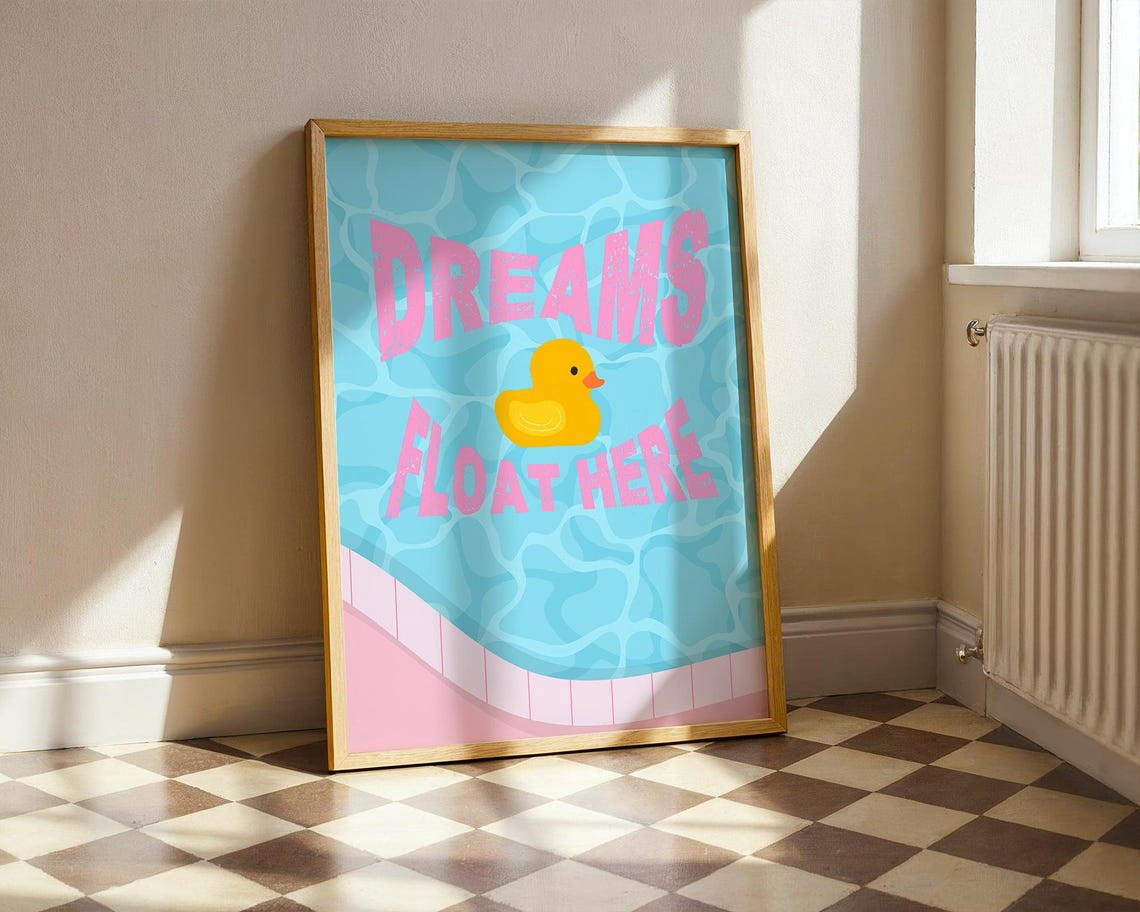 Dreams Float Here Pastel Pool Duck Wall Art For Bathroom Home Decor ...