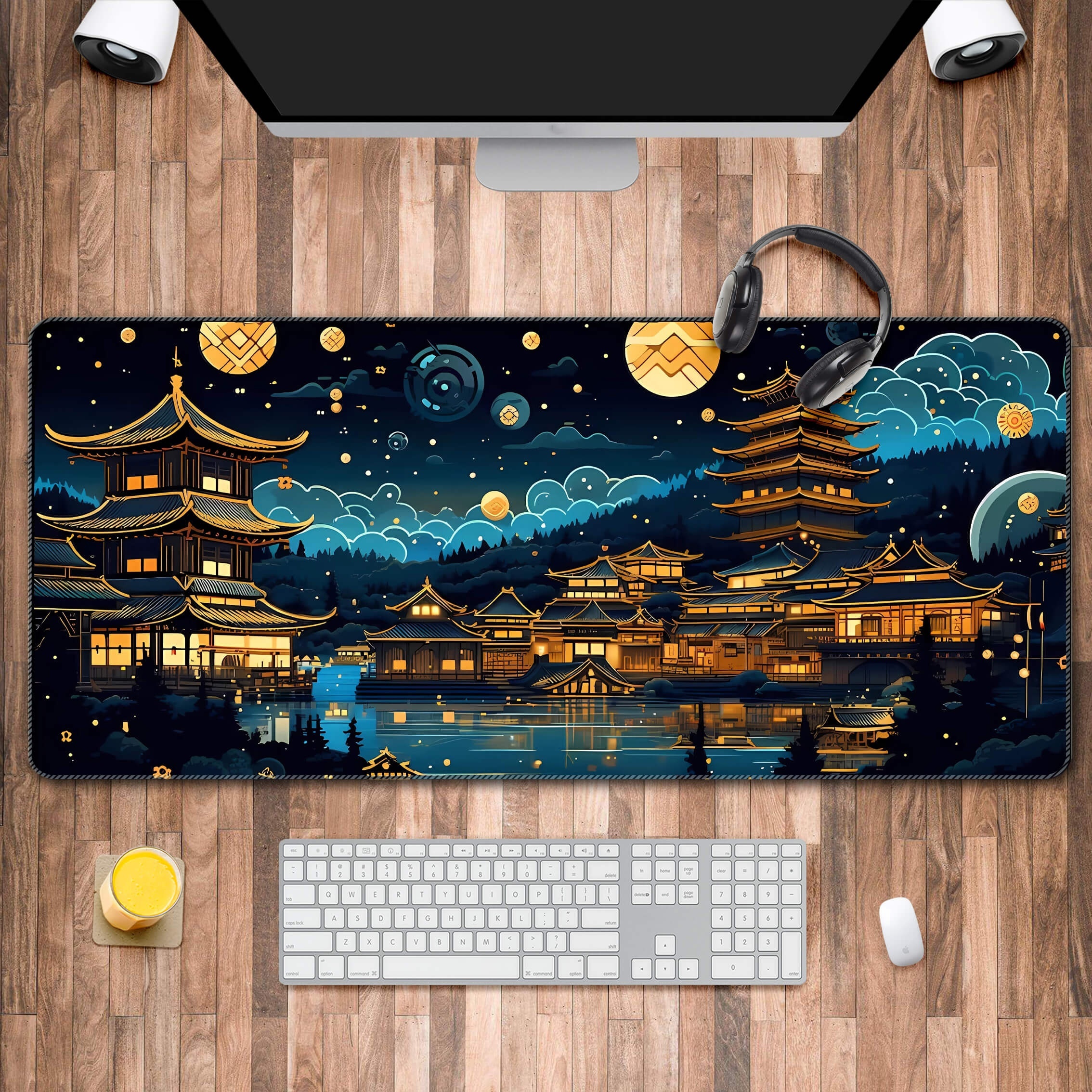 Dreamscape Desk Mat, Ancient Village And Lake Design, Golden Black And ...