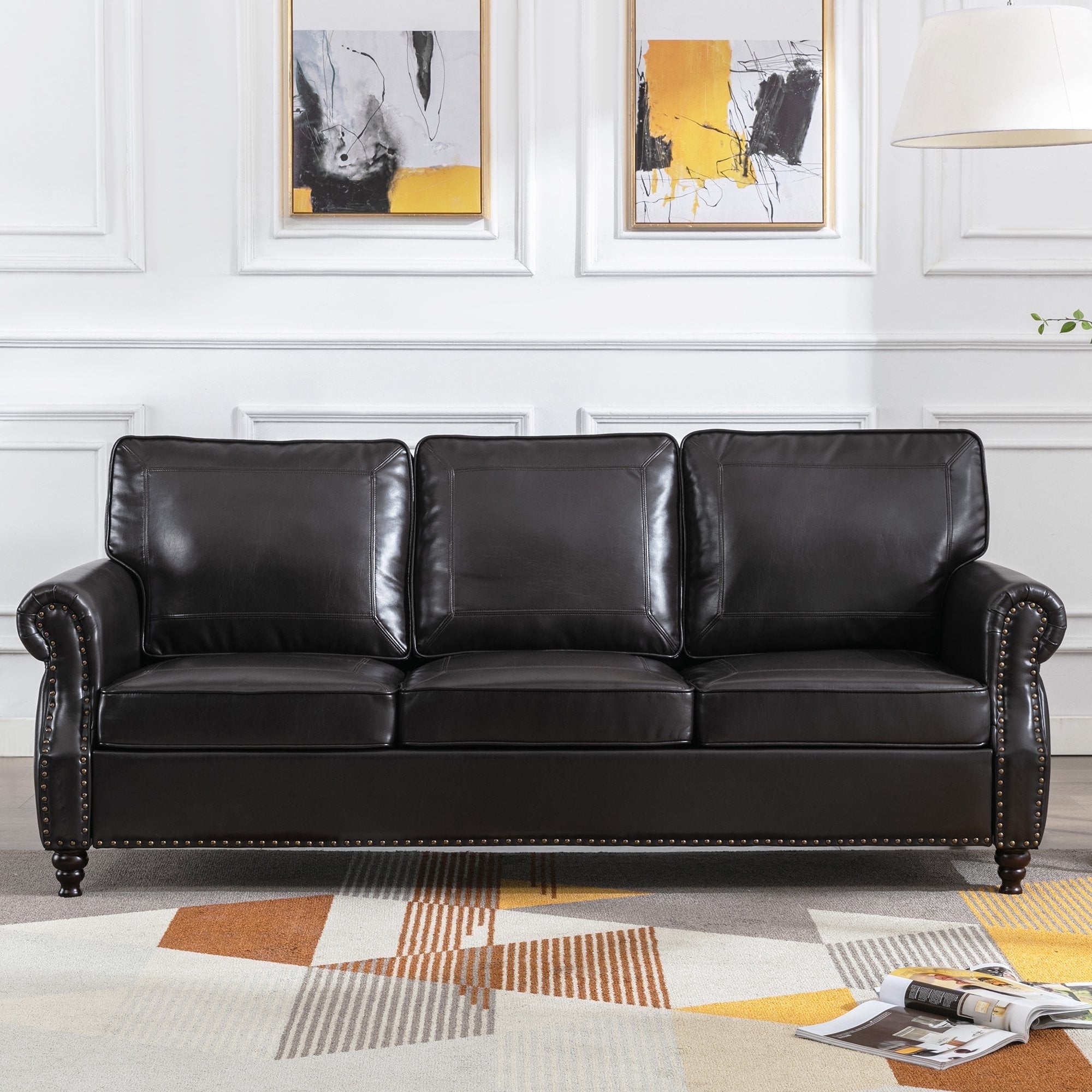 "Dreamsir 80"" Faux Leather Living Room Sofa Couch - 3-Seater, Nailhead ...