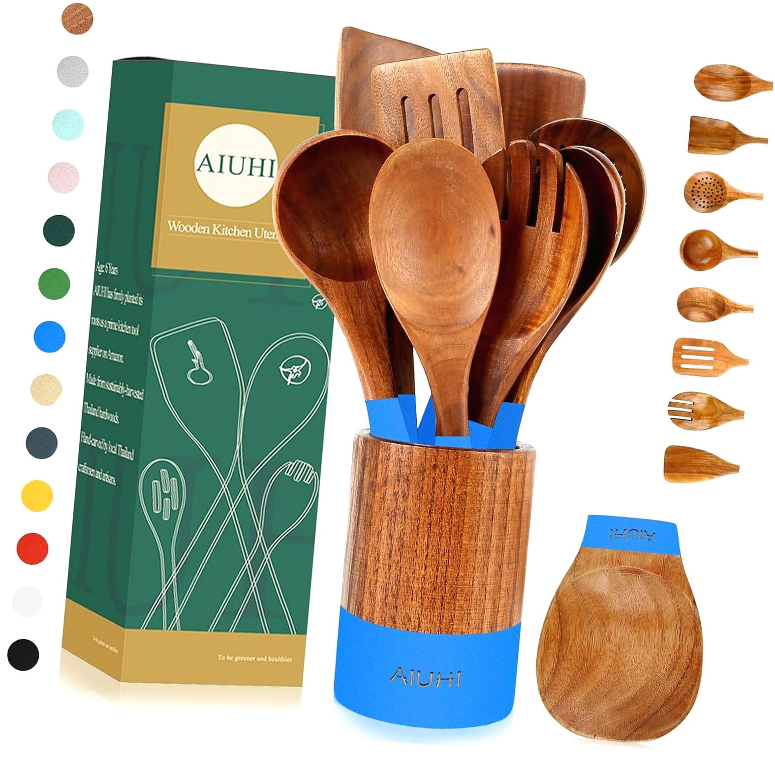 Dreamtimes 10-Piece Wooden Kitchen Utensil Collection with Holder and ...