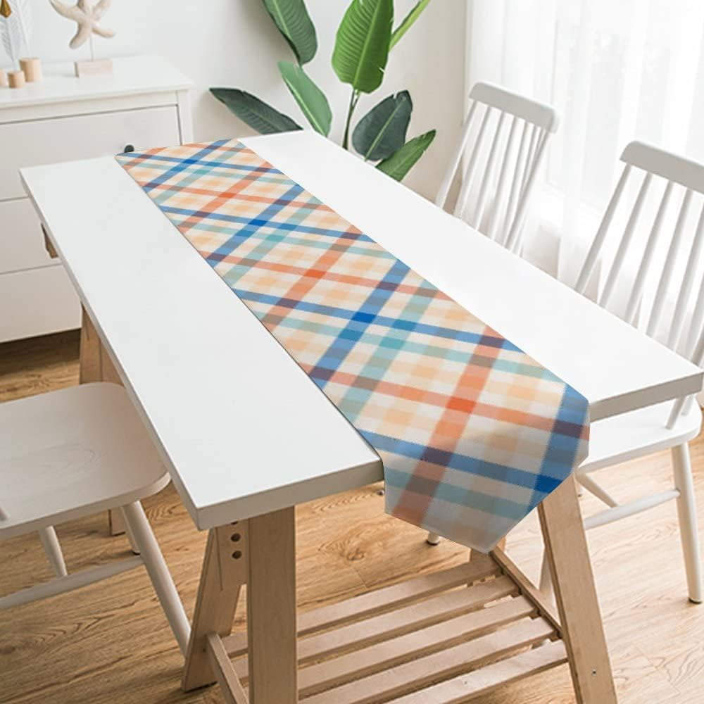 Dreamtimes 13"x90" Table Cloth Runner, Orange Blue Tartan Plaid Table Runners for Kitchen Dinner ...