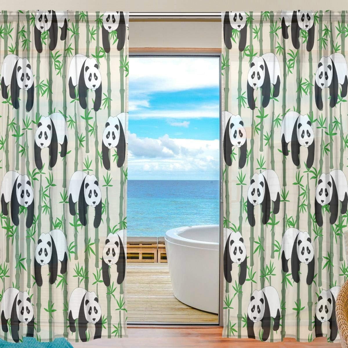 Dreamtimes 2 PCS Cute Pandas with Bamboo On Beige Sheer Gauze Door ...