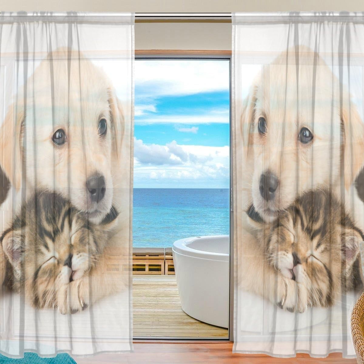 Dreamtimes 2 PCS Dog Hug Sleeping Cat Sheer Gauze Door Curtains, 55"x84 ...