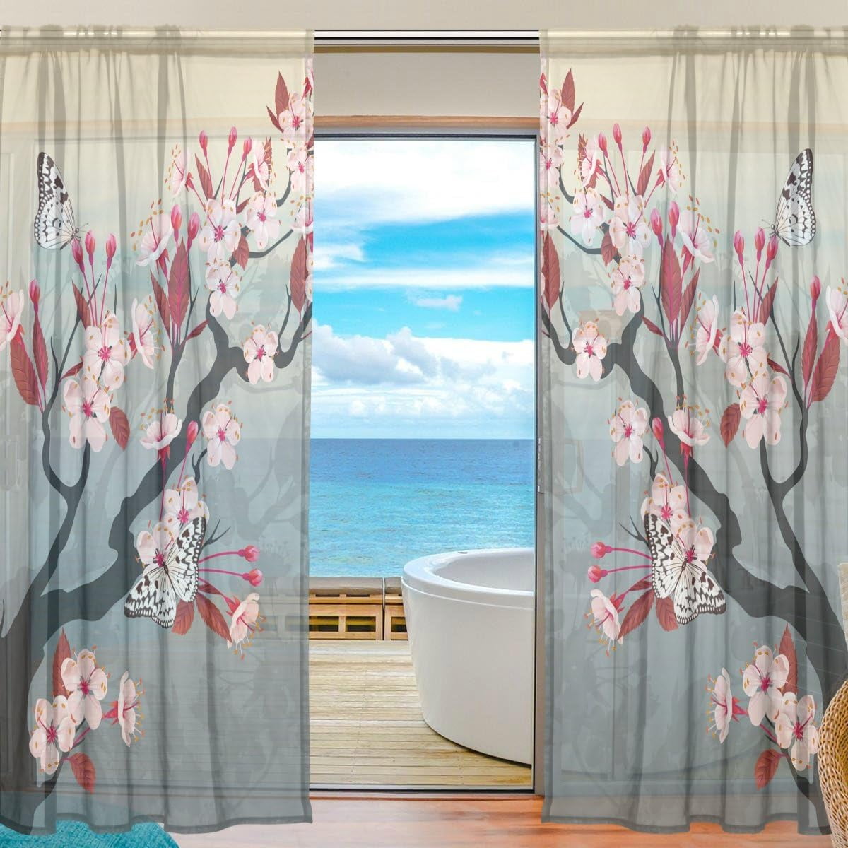 Dreamtimes 2PCS Branch of Blooming Cherry Sheer Gauze Door Curtains, 78 ...