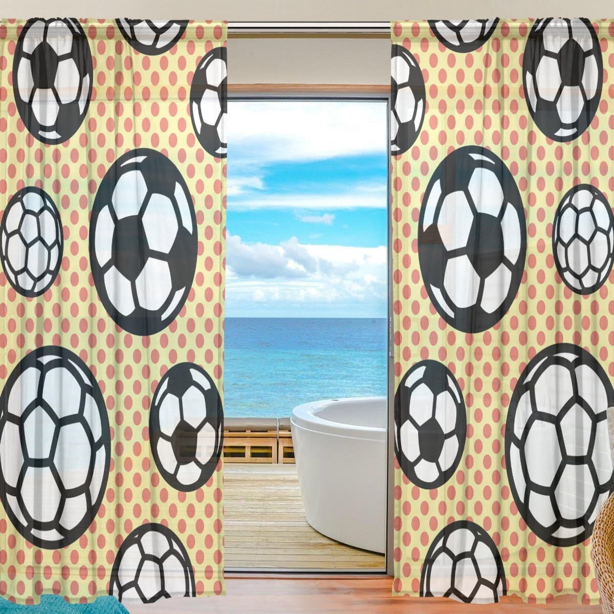 Dreamtimes 2PCS Soccer Balls On Dot Background Sheer Gauze Door ...