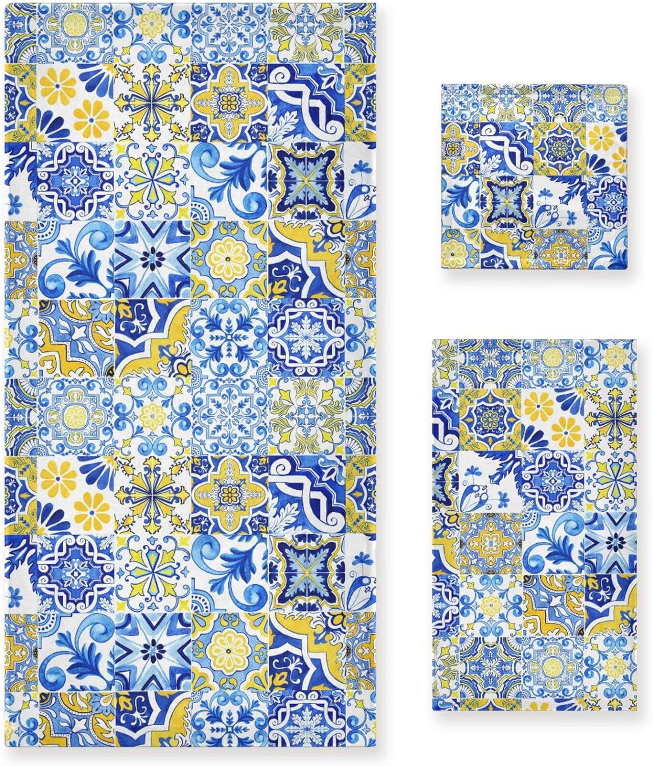 Dreamtimes 3 PCS Towel Blue Patchwork Print Cotton Bath Towel Set (1 ...