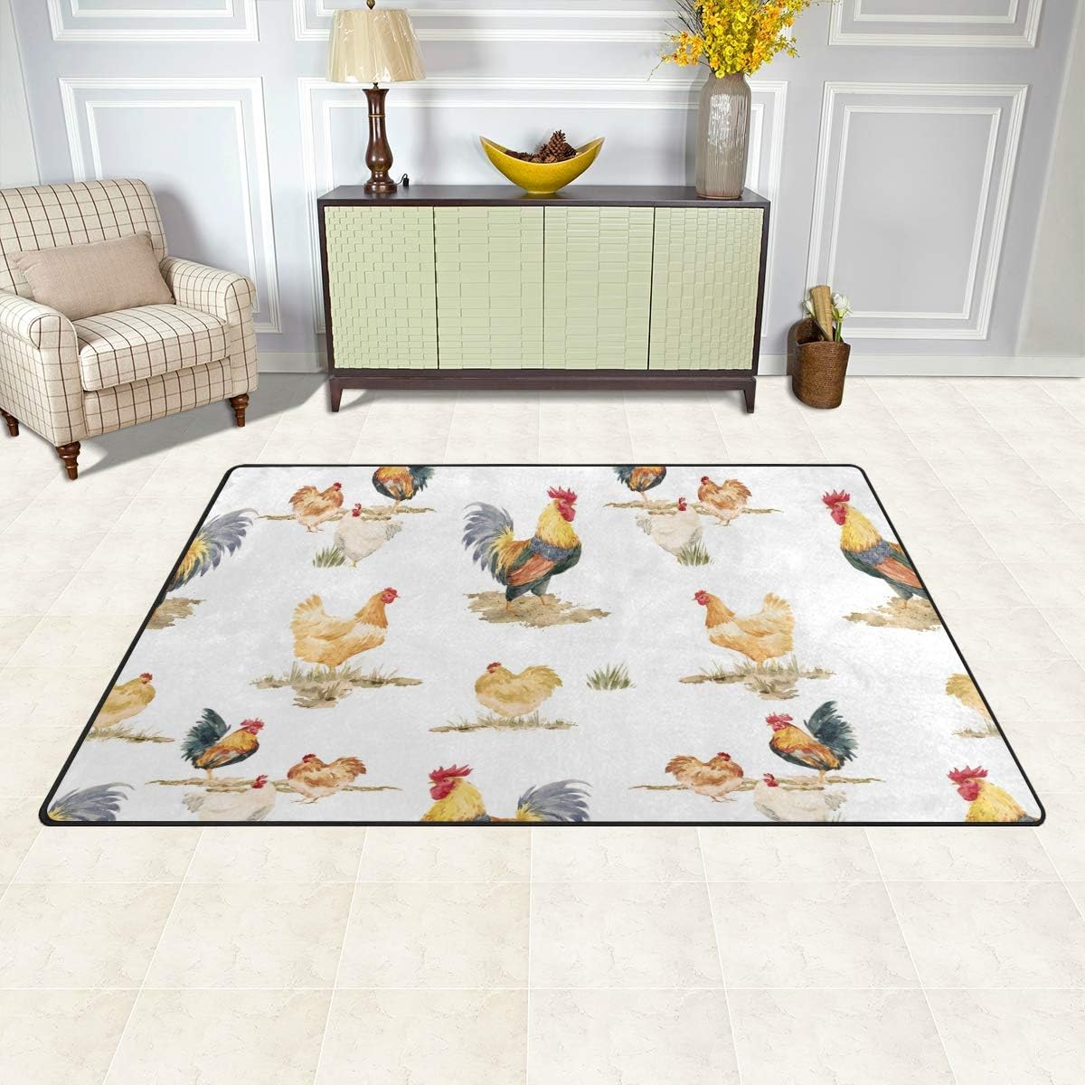 Dreamtimes 31x 20 Inch Area Rug, Carpet Watercolor Chickens and Rooster ...