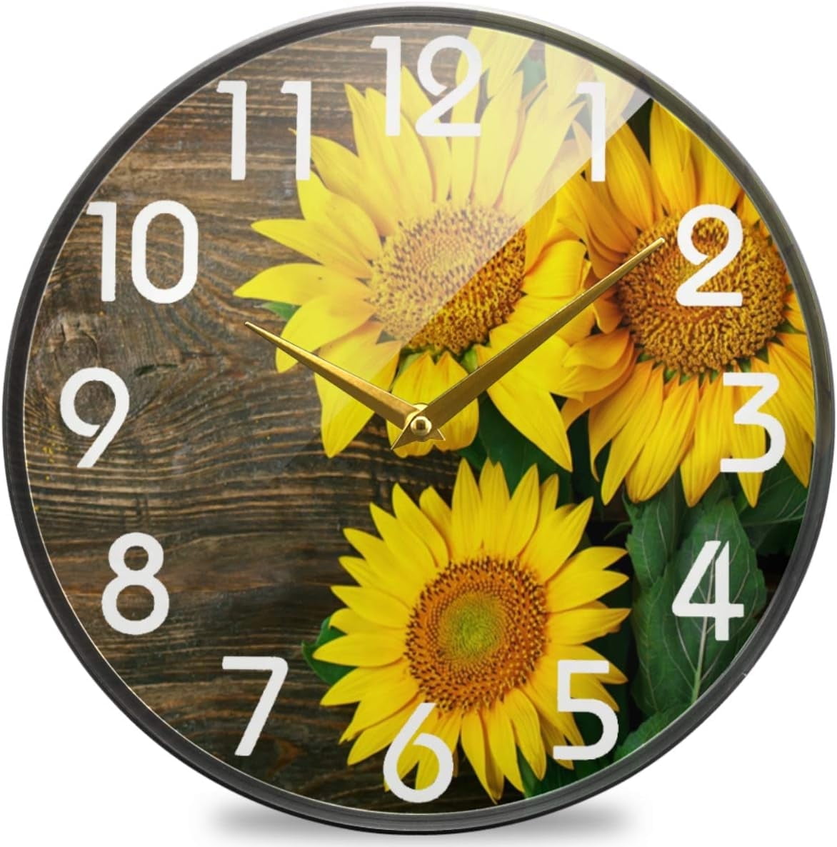 Dreamtimes 3D Beautiful Sunflowers On Wooden Board Round Wall Clock, 12 ...