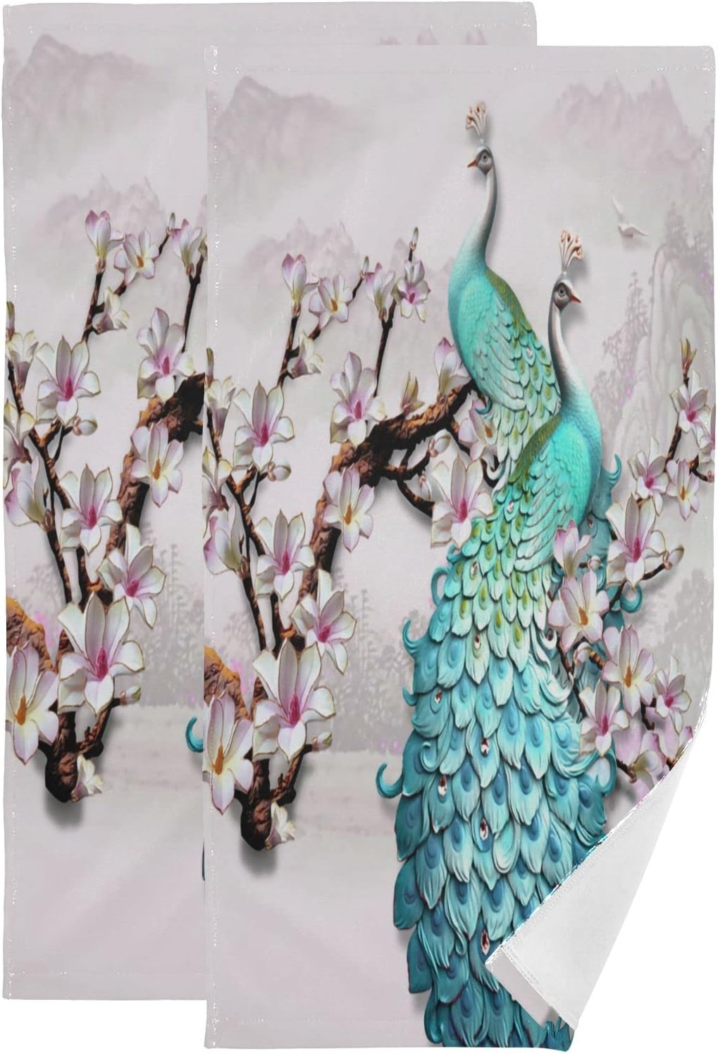 Dreamtimes 3D Peacock Peach Blossom Hand Towels 2 PCS, Spring Landscape ...