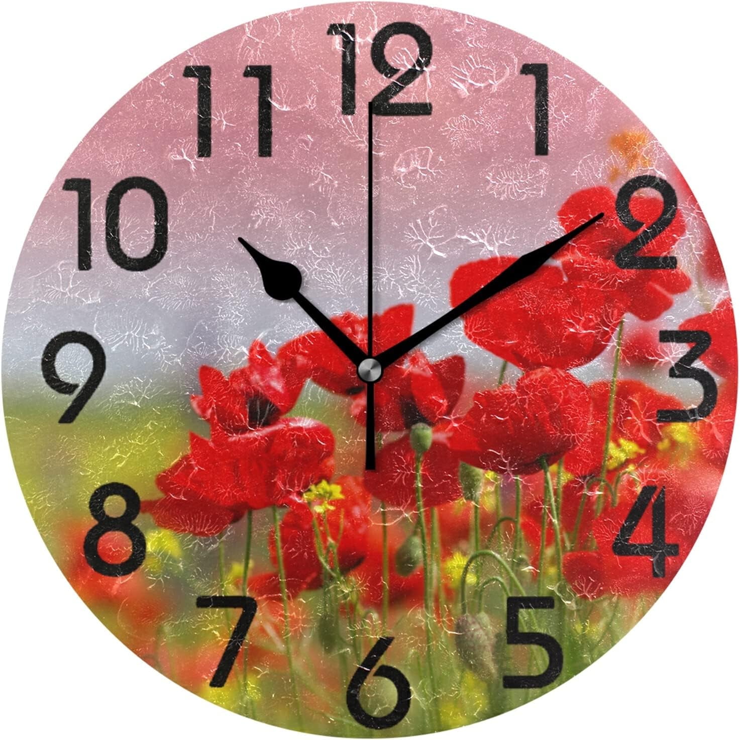 Dreamtimes 3D Red Poppy Flowers Field Round Wall Clock, 10 Inch Battery ...