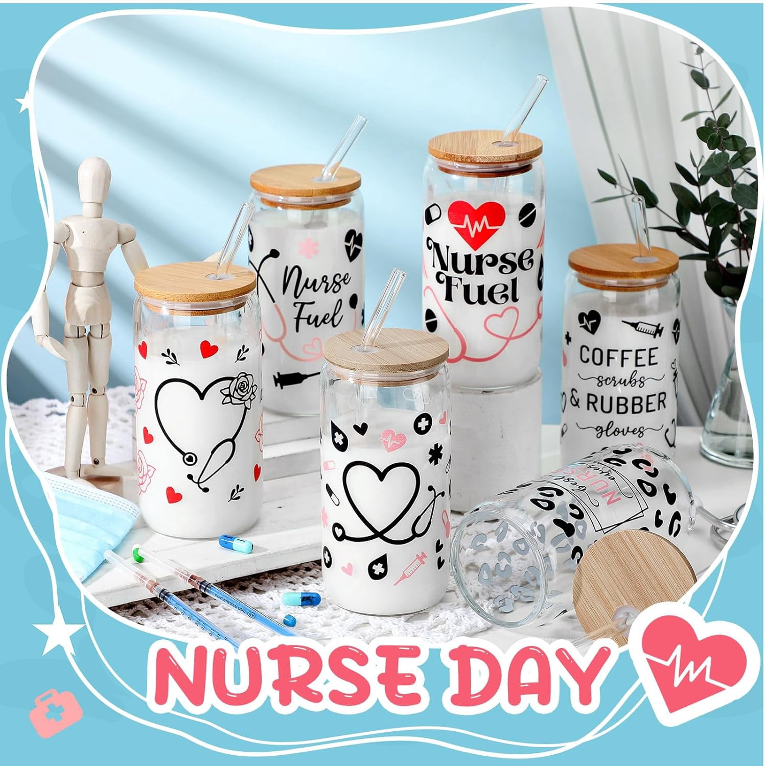 Dreamtimes 6-Piece CNA Week Collection: 16 oz Nurse Glass Cups with Lid ...