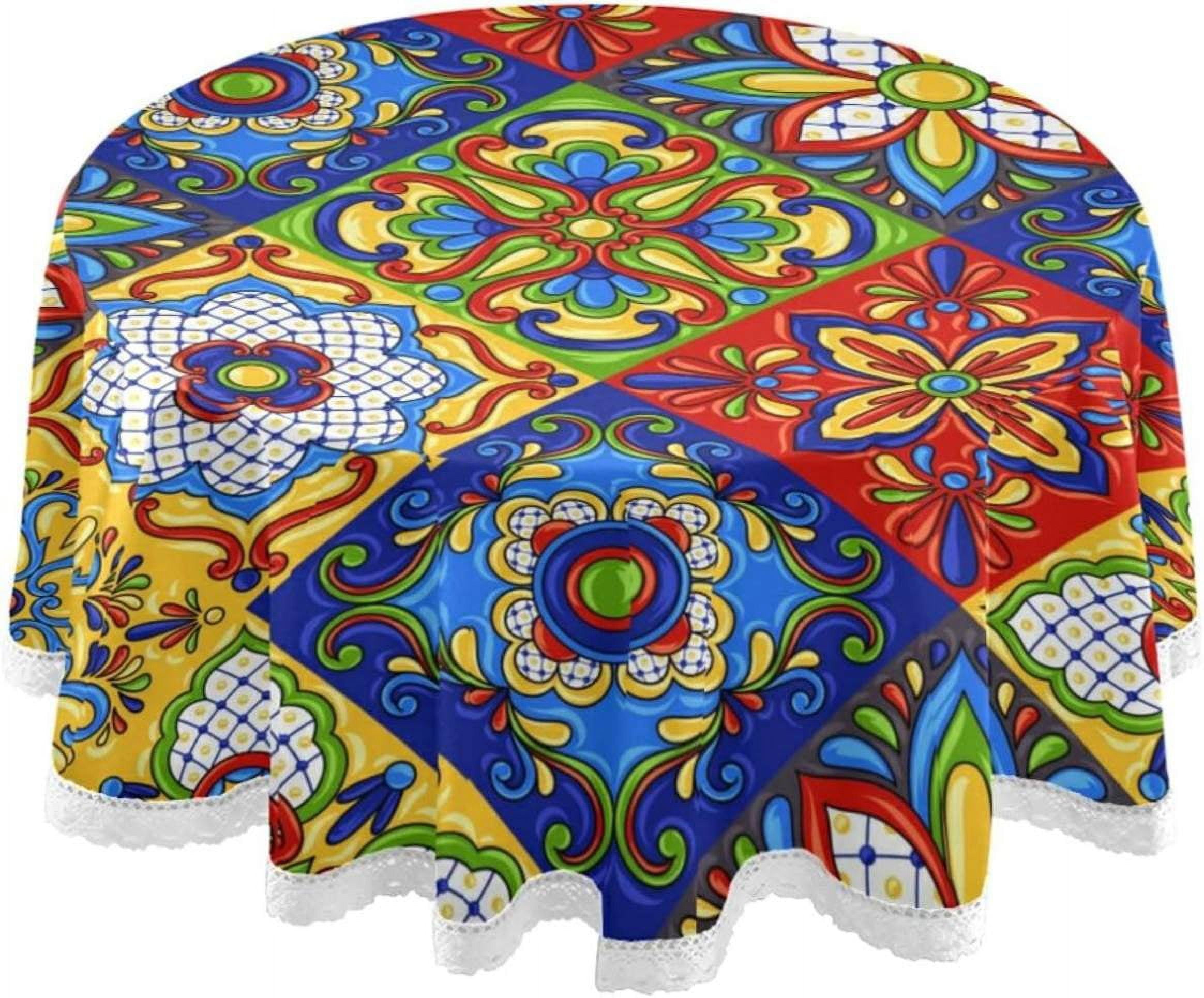 Dreamtimes 60" Mexican Talavera Ceramic Tile Pattern Round Tablecloth ...