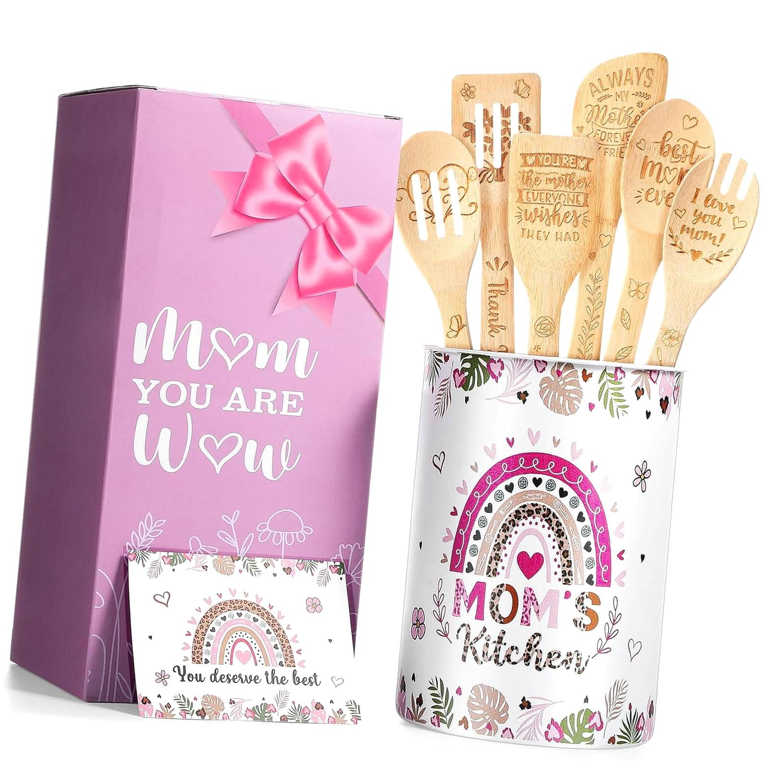 Dreamtimes 9 Pieces Mom Utensil Holder Wooden Cooking Spoons Greeting Card Box Boho Stainless ...