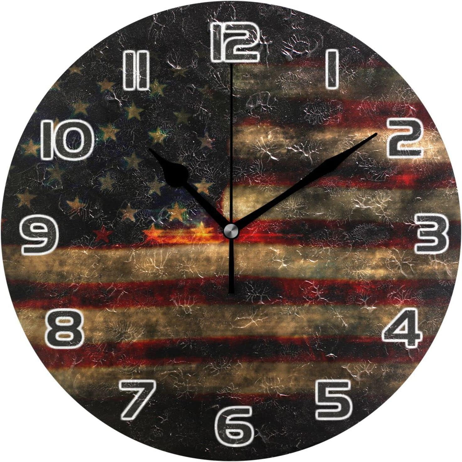 Dreamtimes American Flag Clock Silent Round Wall Clock, Non Ticking ...