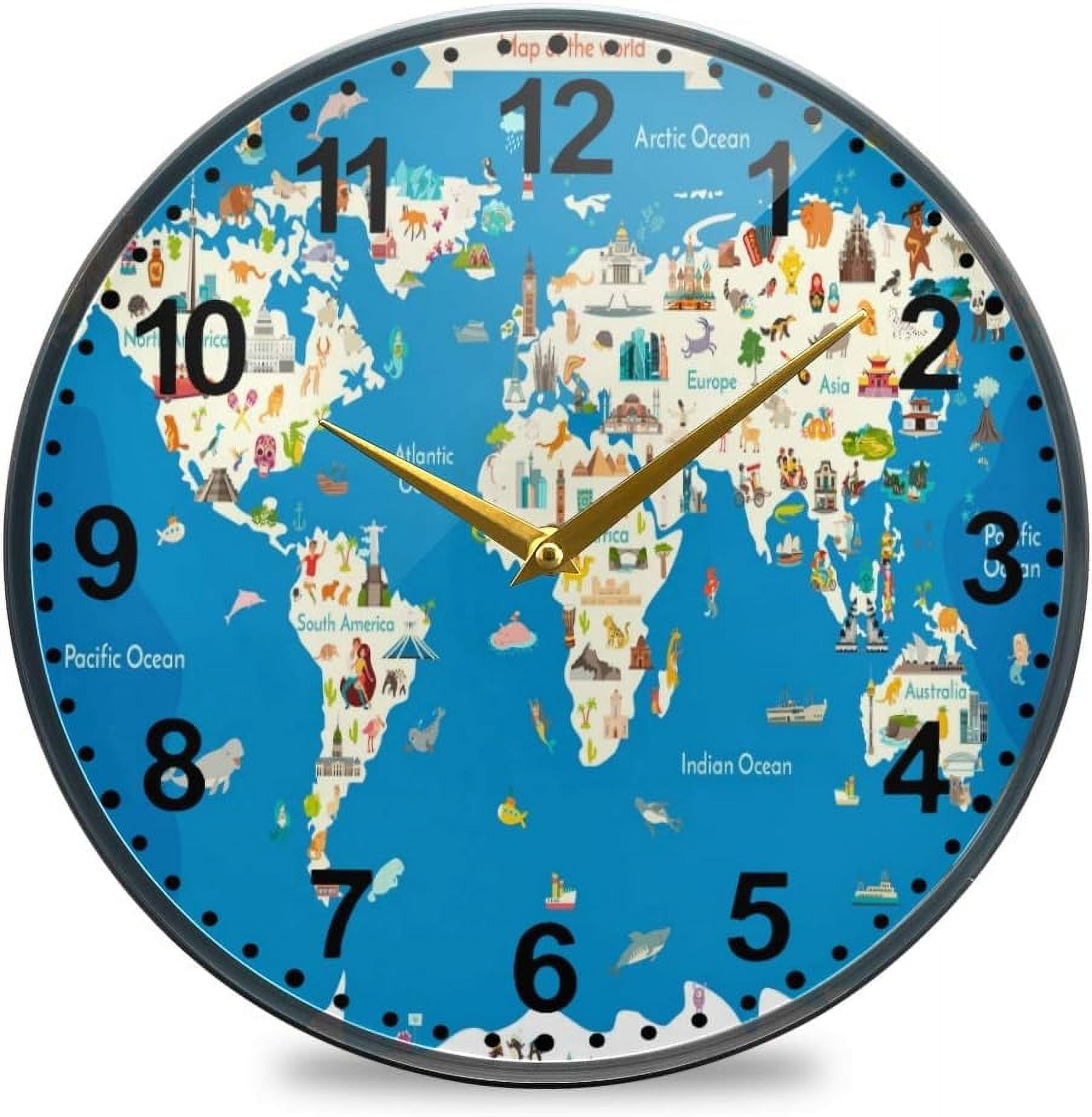 Dreamtimes Animals World Landmarks Map Pattern Wall Clock Silent Non ...